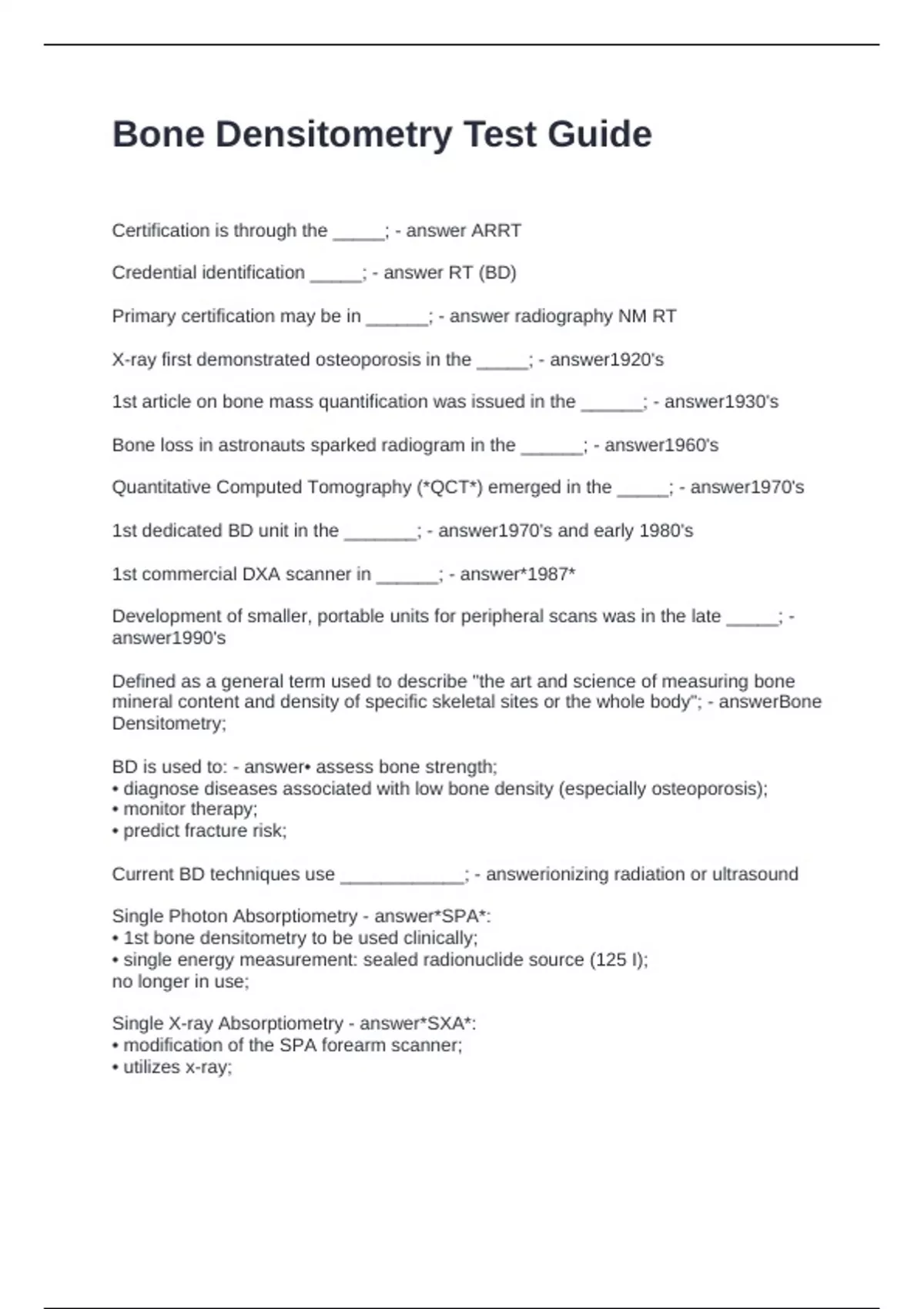 Bone Densitometry Test Guide Questions and Answers Fully Solved - Bone ...
