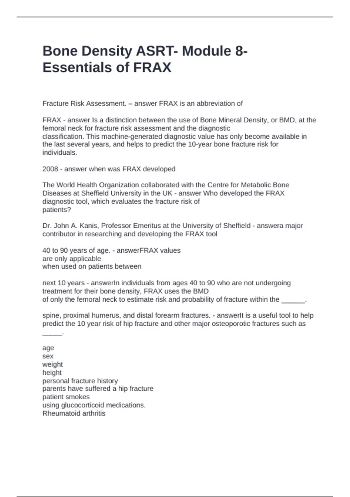 Bone Density ASRT- Module 8- Essentials of FRAX Questions and Answers ...