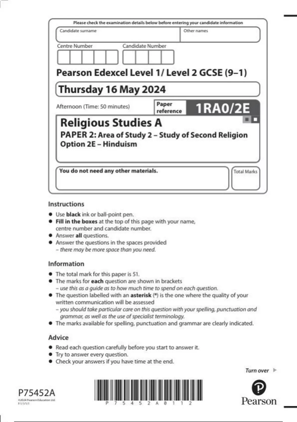 Pearson Edexcel Level 1/Level 2 GCSE (9–1) Religious Studies B PAPER 2 ...