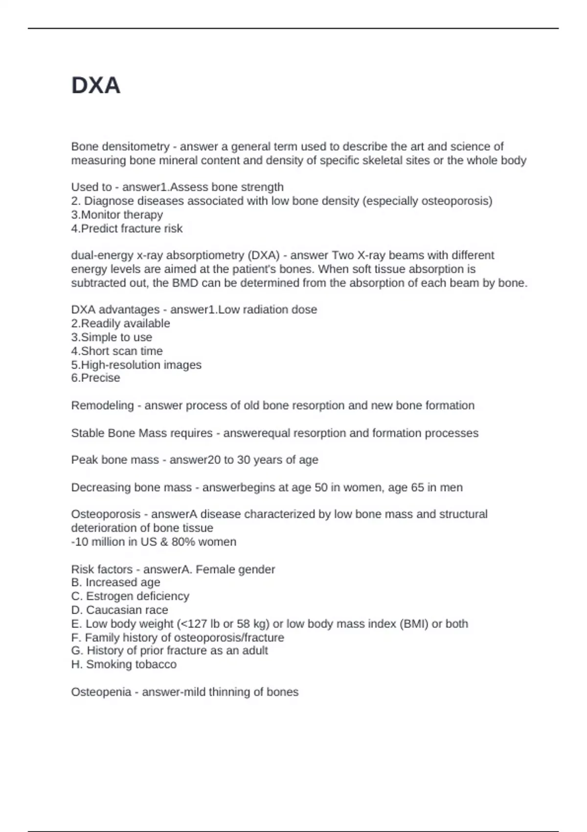 DXA QUESTIONS AND ANSWERS FULLY SOLVED - Bone Densitometry - Stuvia US