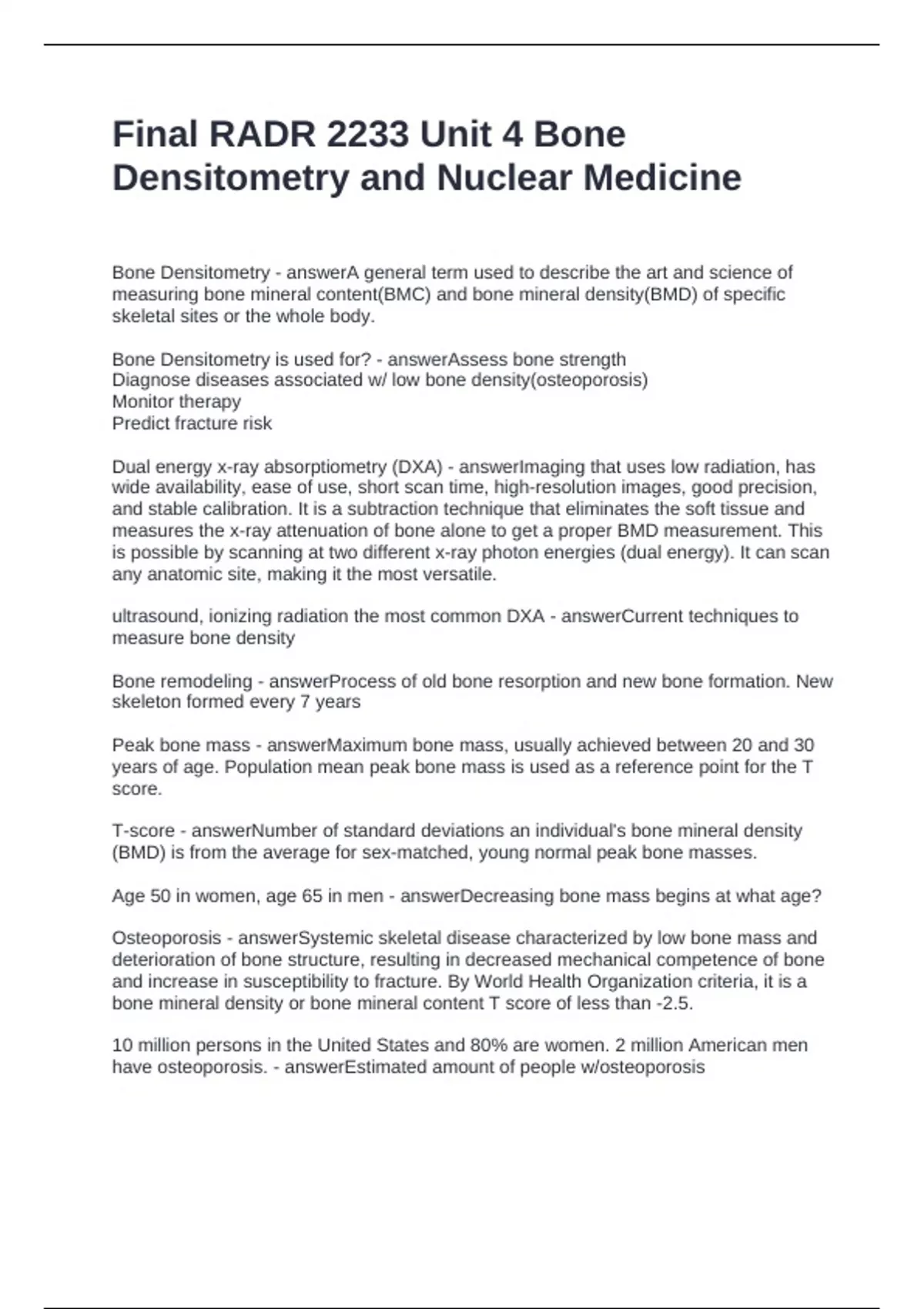 Final RADR 2233 Unit 4 Bone Densitometry and Nuclear Medicine Questions ...