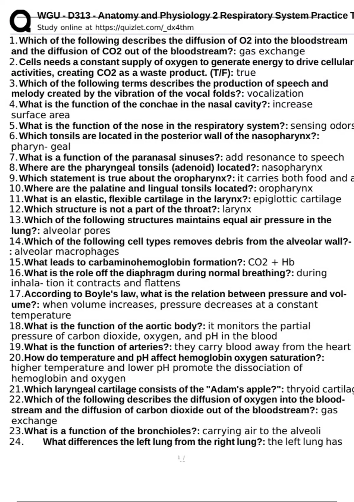 WGU - D313 - Anatomy and Physiology 2 Respiratory System Practice Test ...