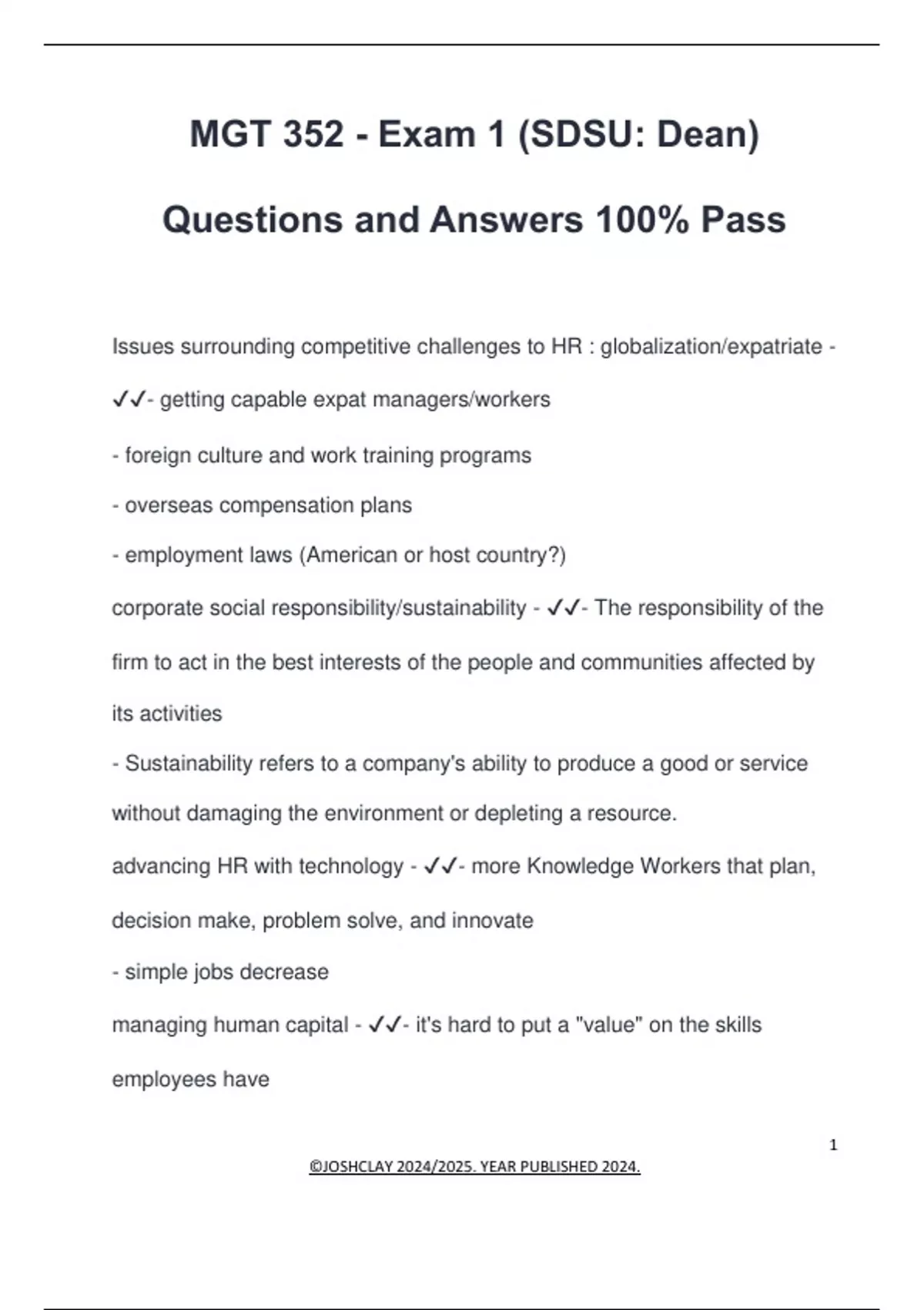 MGT 352 - Exam 1 (SDSU: Dean) Questions and Answers 100% Pass - MGT420 ...