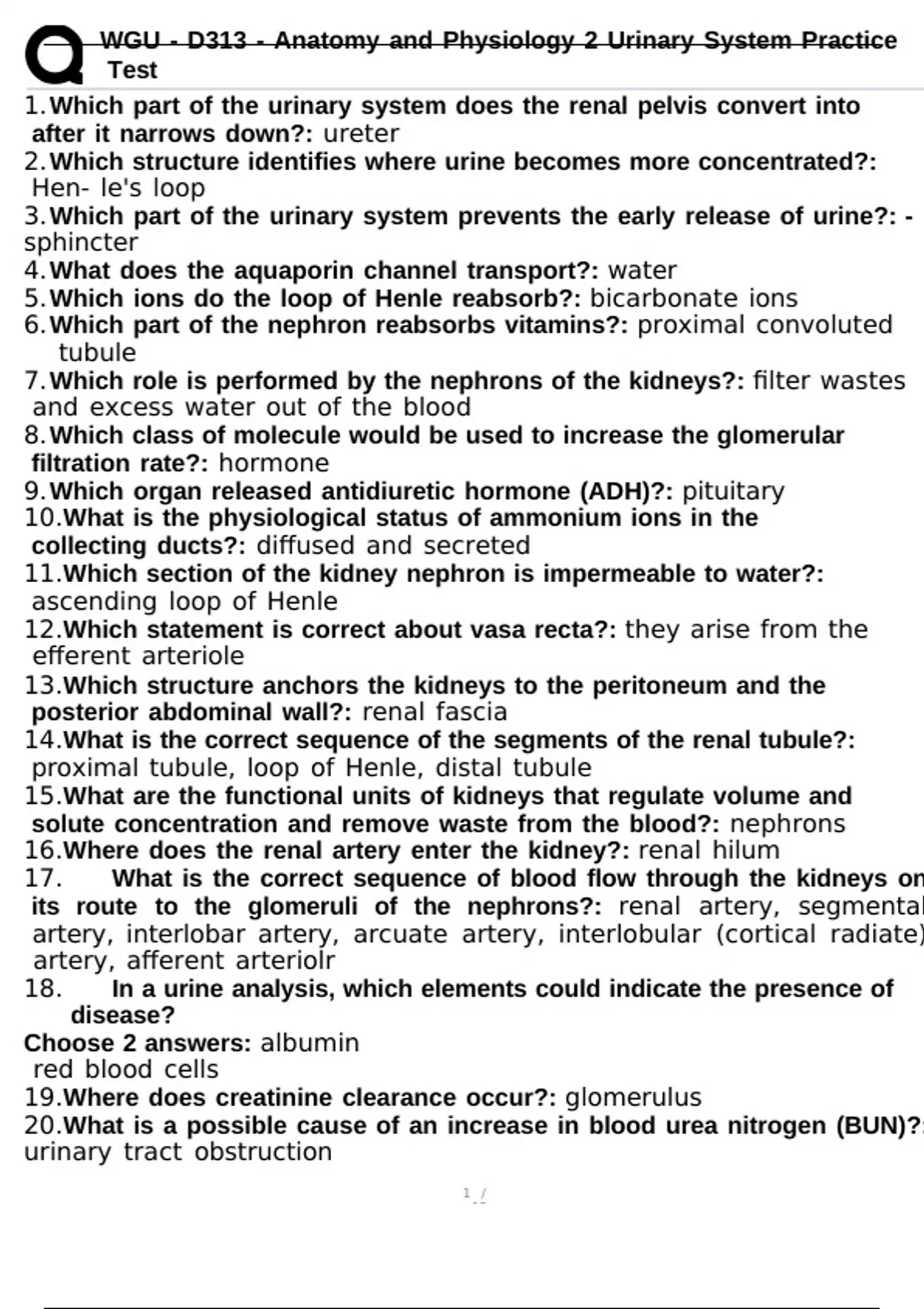 WGU - D313 - Anatomy and Physiology 2 Urinary System Practice Test ...