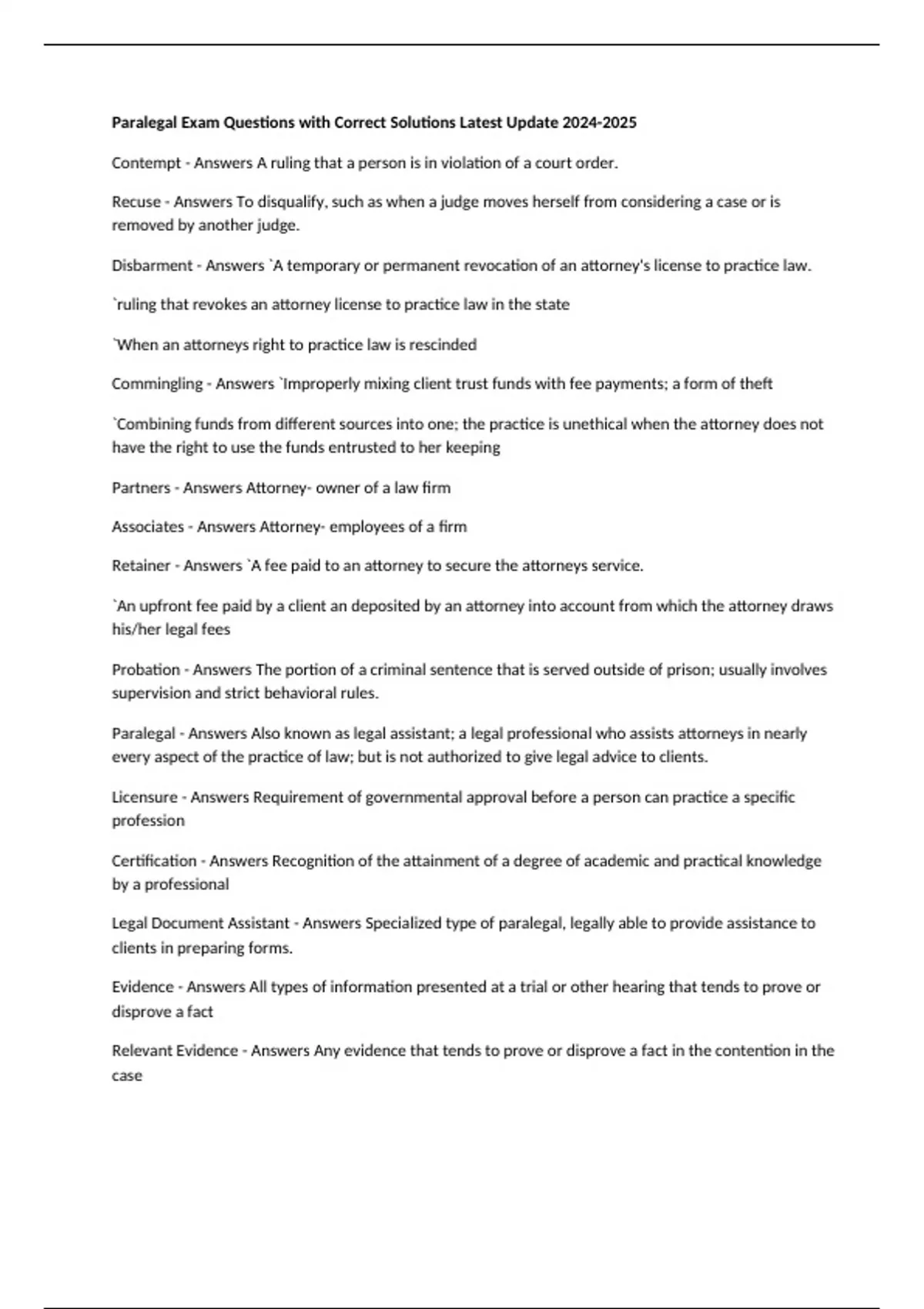 Paralegal Exam Questions with Correct Solutions Latest Update ...