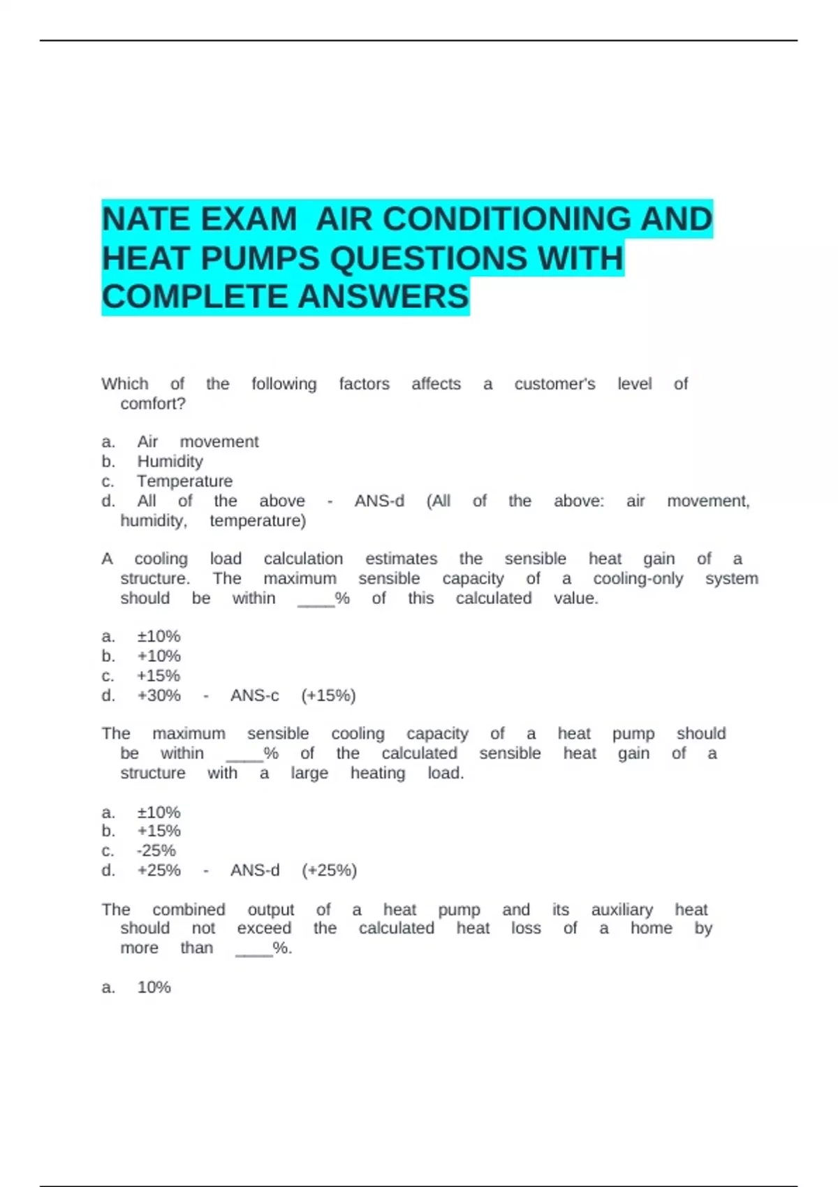 NATE EXAM AIR CONDITIONING AND HEAT PUMPS QUESTIONS WITH COMPLETE ...