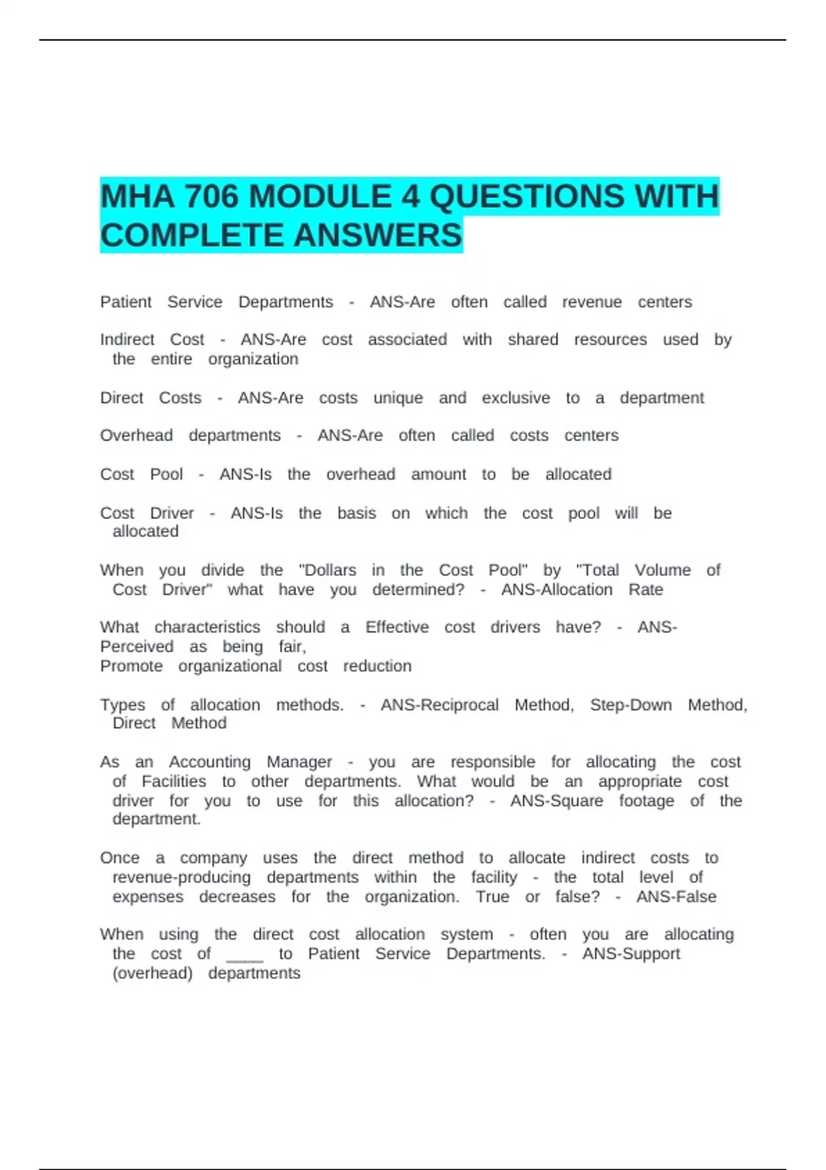 MHA 706 MODULE 4 QUESTIONS WITH COMPLETE ANSWERS - CFCI - Stuvia US