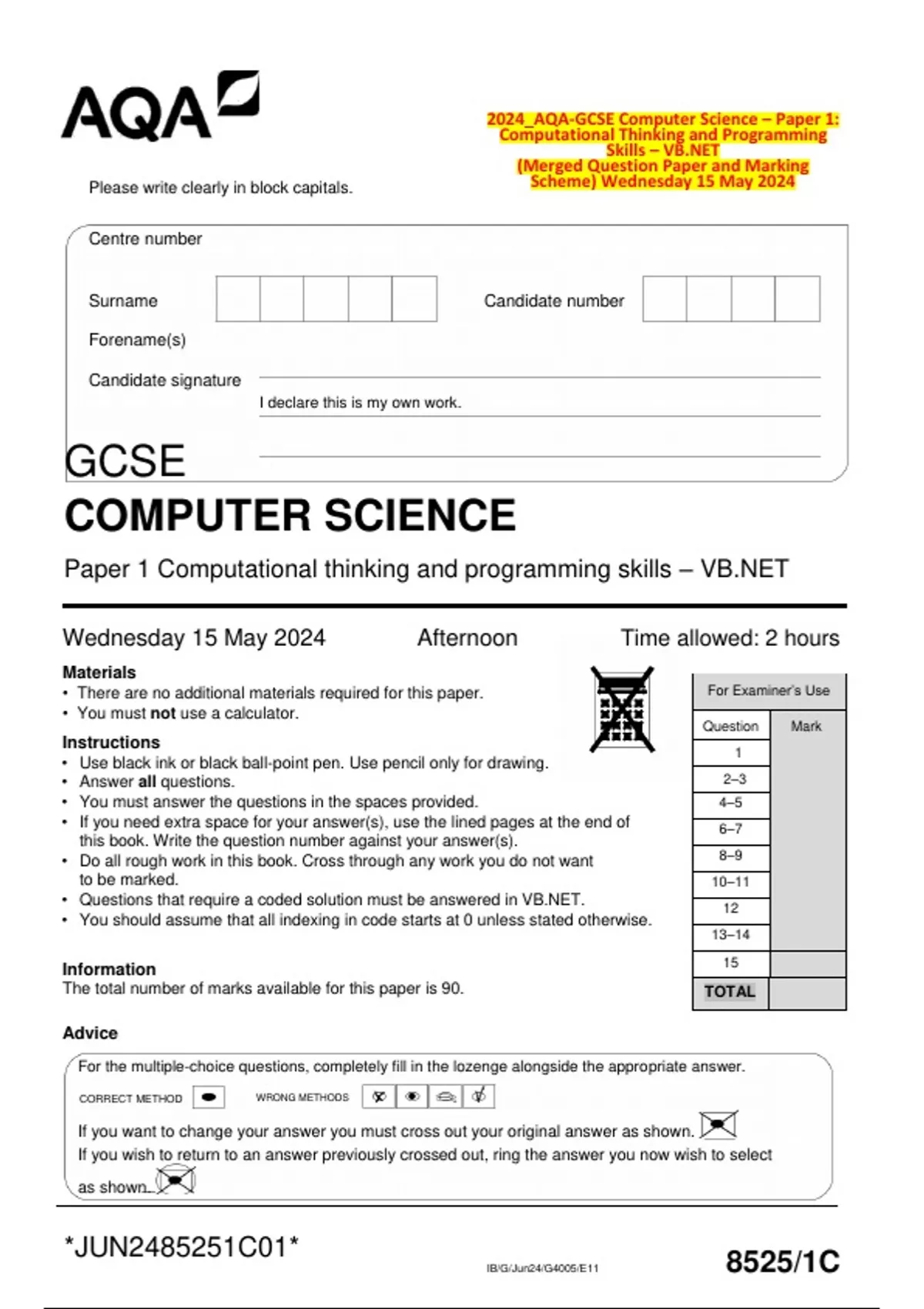 2024aqa Gcse Computer Science Paper 1 Computational Thinking And Programming Skills Vbnet