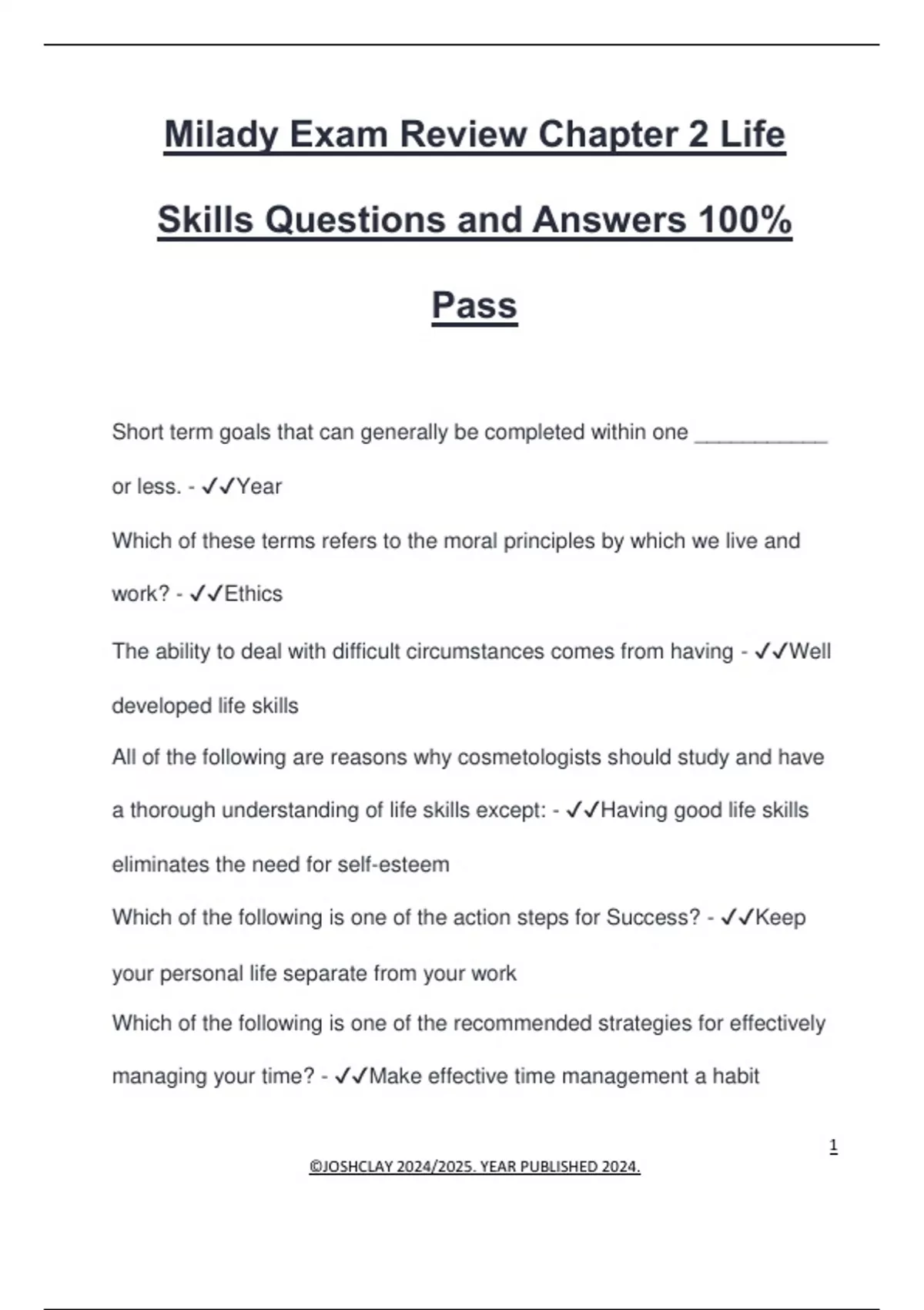 Milady Exam Review Chapter 2 Life Skills Questions and Answers 100% ...