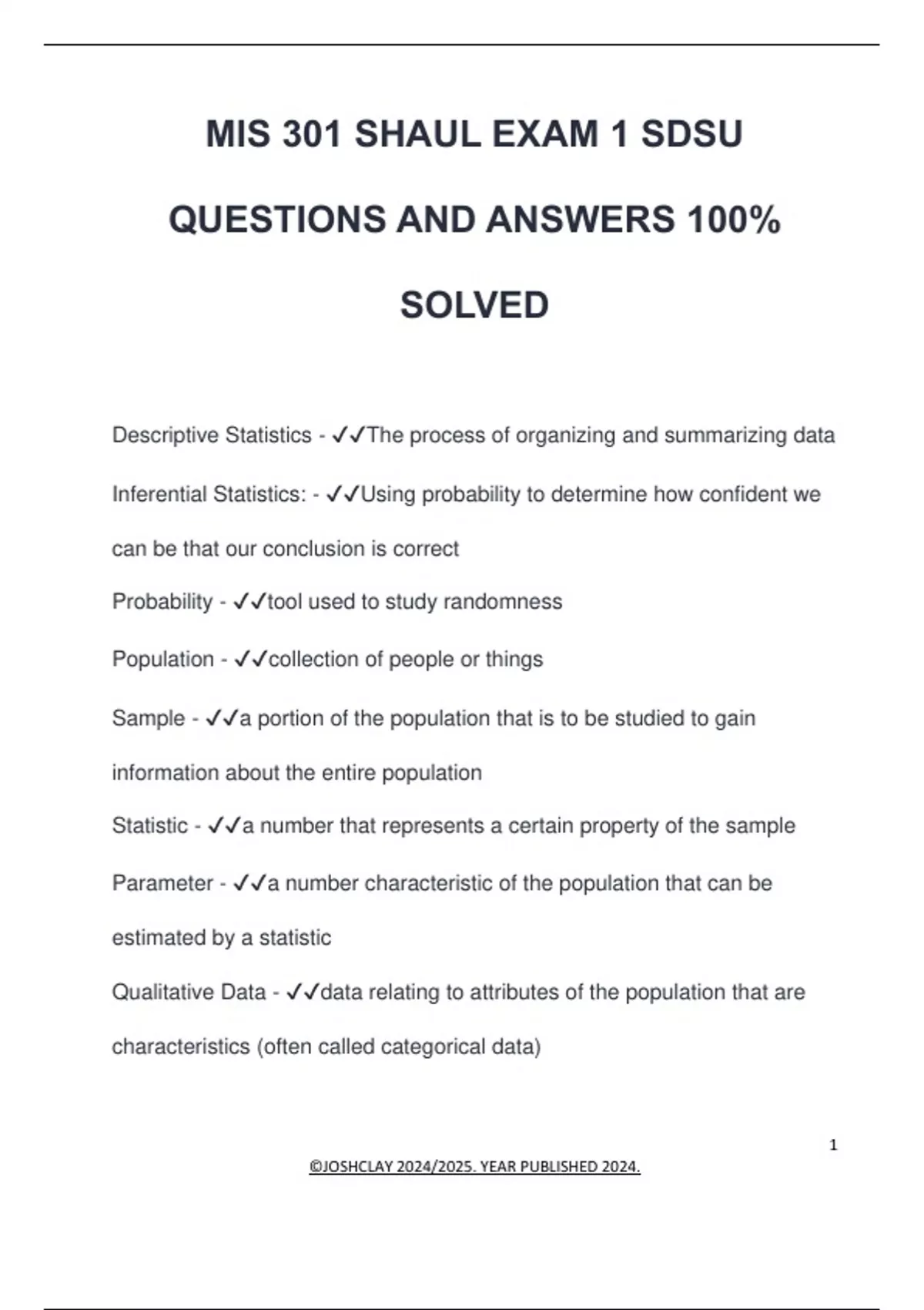 MIS 301 SHAUL EXAM 1 SDSU QUESTIONS AND ANSWERS 100% SOLVED - Management Information Systems ...