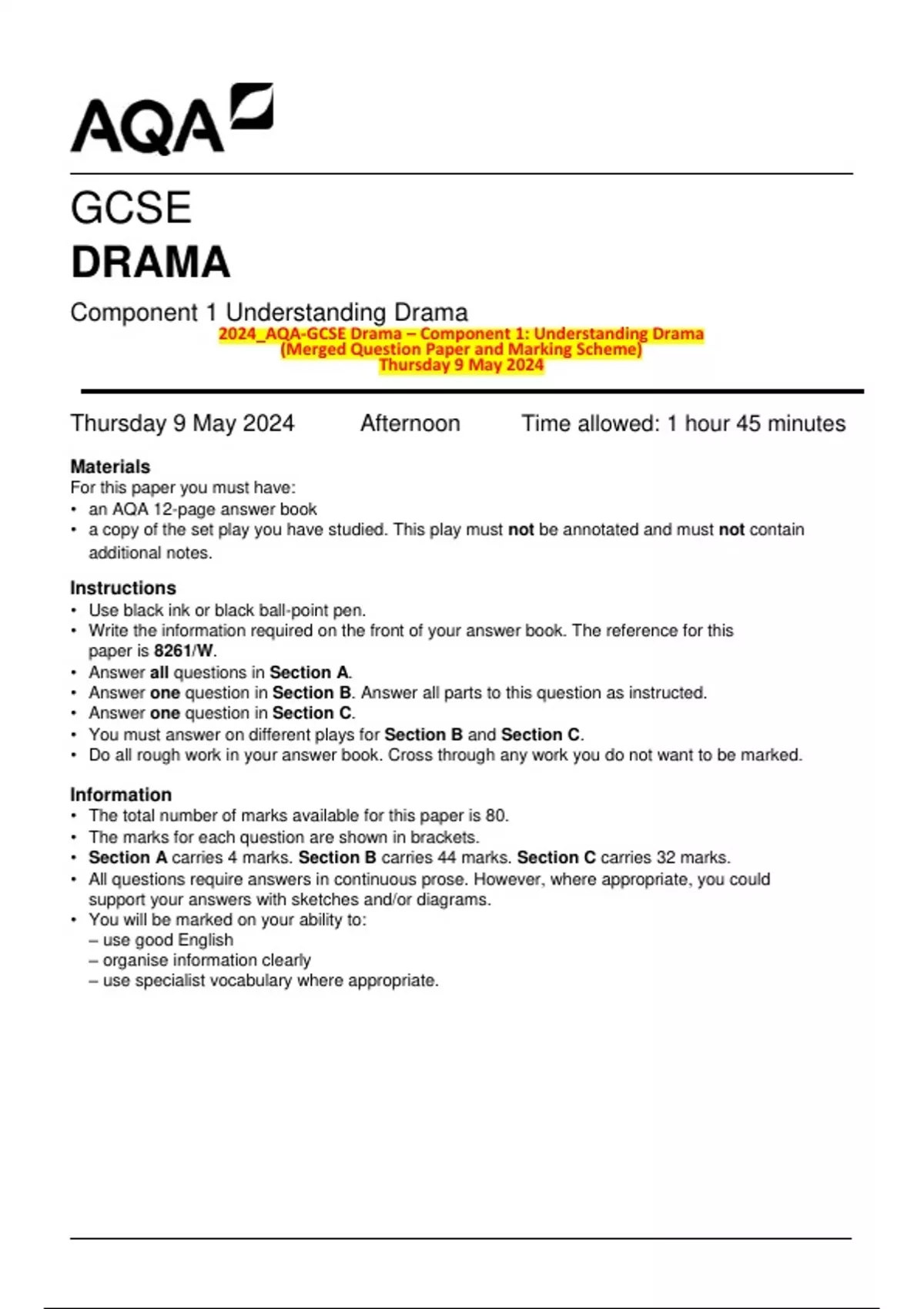 2024_AQA-GCSE Drama – Component 1: Understanding Drama (Merged Question ...