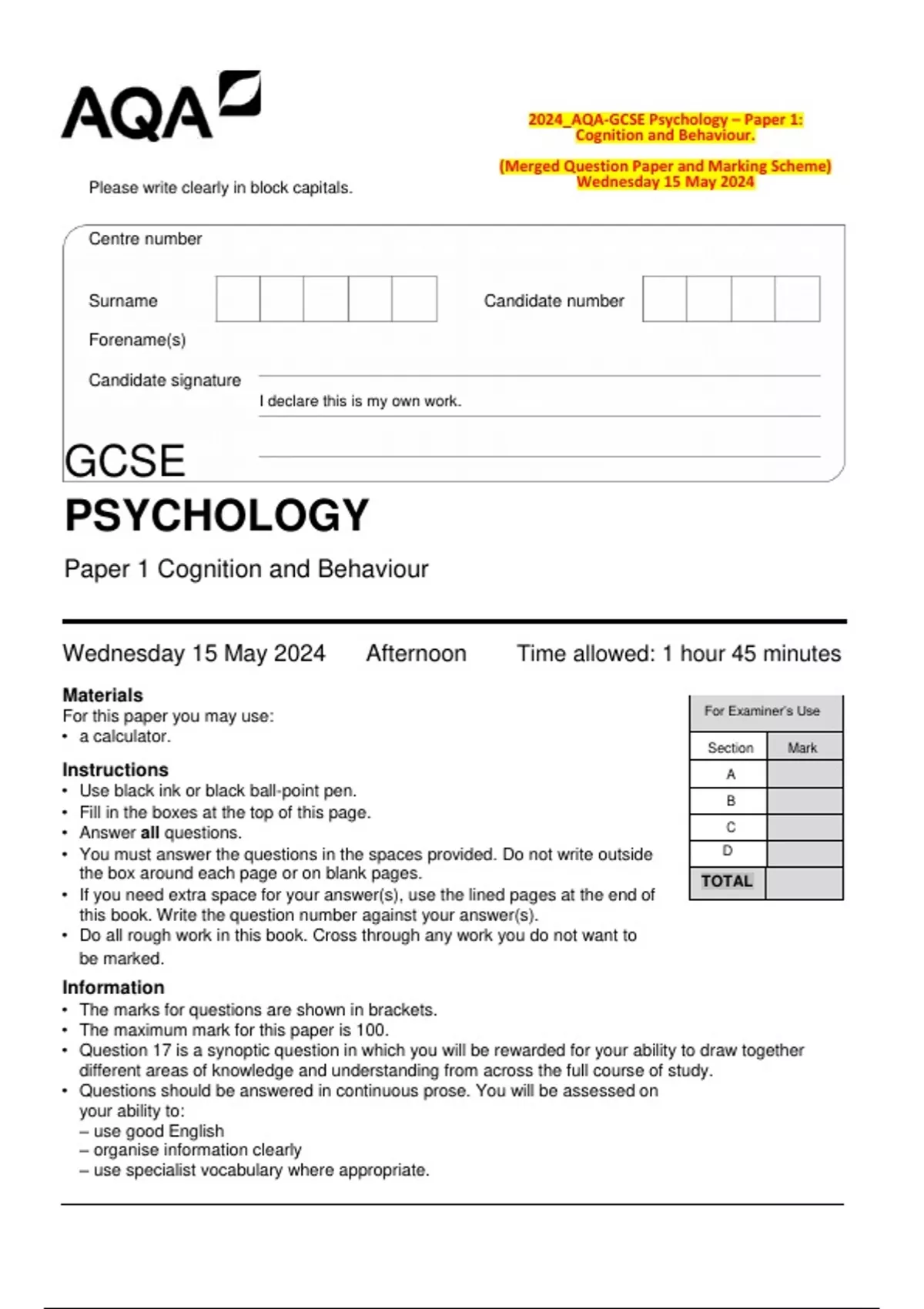 2024_AQA-GCSE Psychology – Paper 1: Cognition and Behaviour. (Merged ...