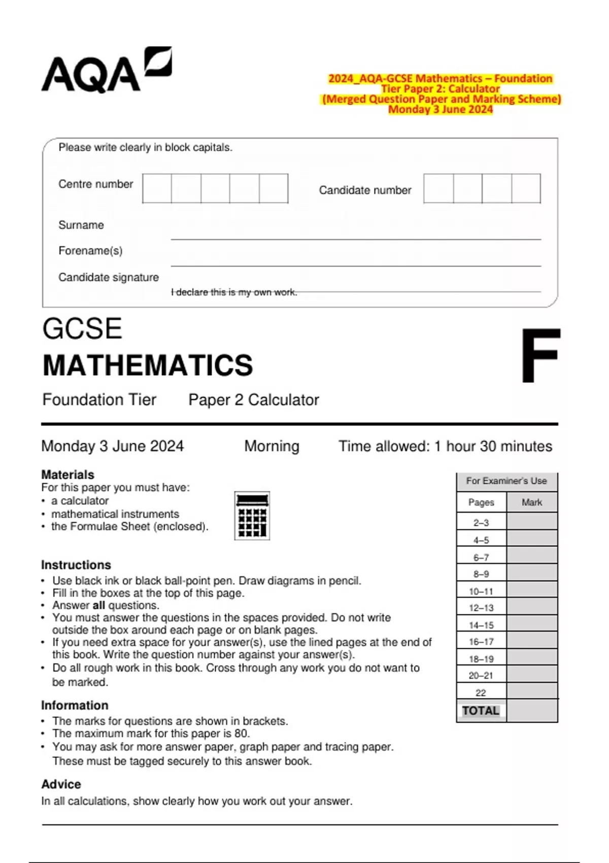 2024_AQA-GCSE Mathematics – Foundation Tier Paper 2: Calculator (Merged Question Paper and ...