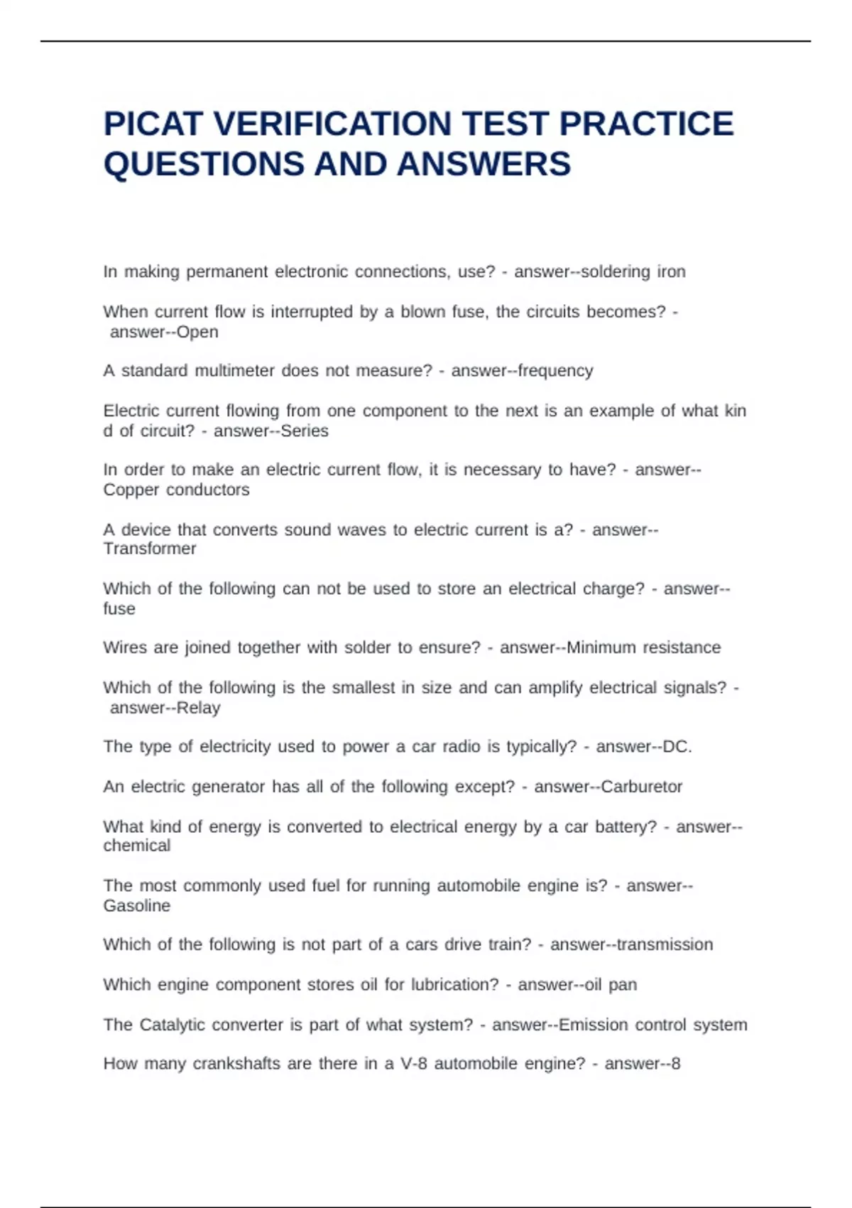 PICAT VERIFICATION TEST PRACTICE QUESTIONS AND ANSWERS - PICAT/ASVAB ...