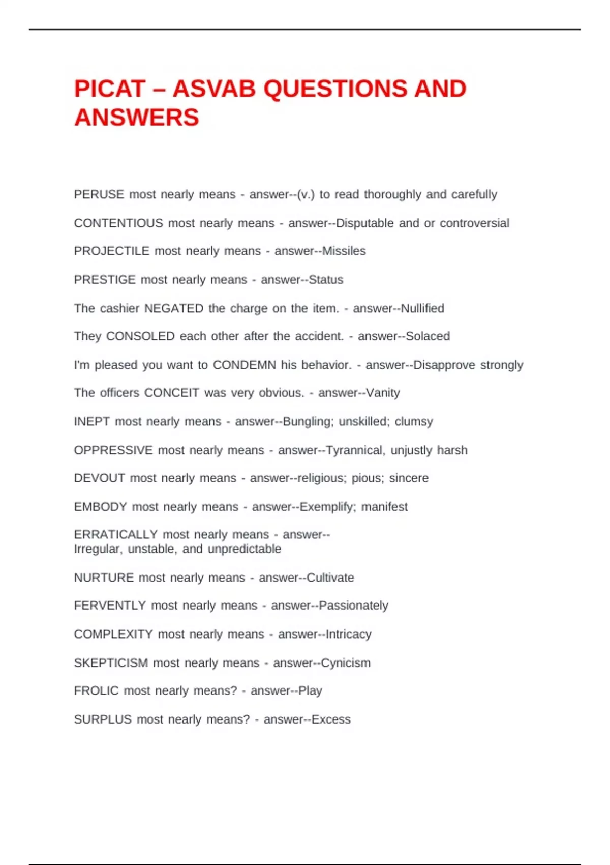 PICAT – ASVAB QUESTIONS AND ANSWERS - PICAT/ASVAB - Stuvia US