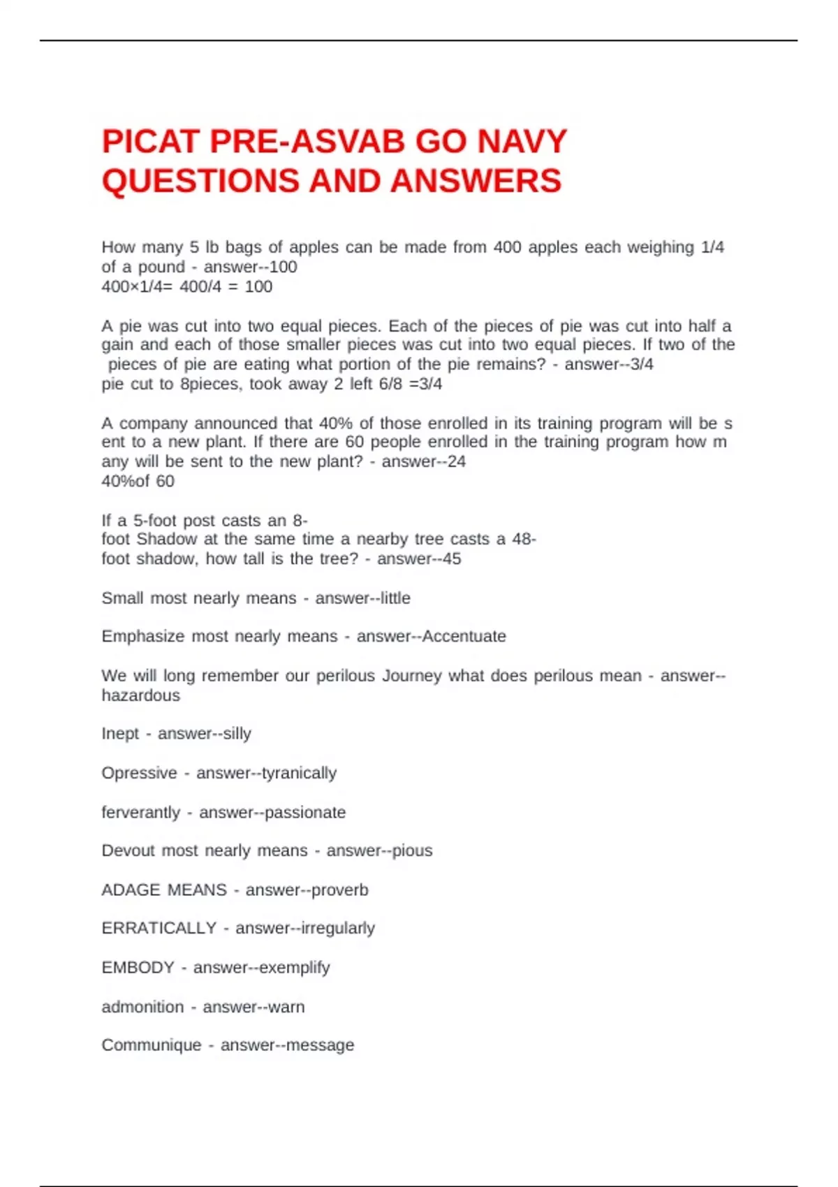 PICAT PRE-ASVAB GO NAVY QUESTIONS AND ANSWERS - PICAT/ASVAB - Stuvia US