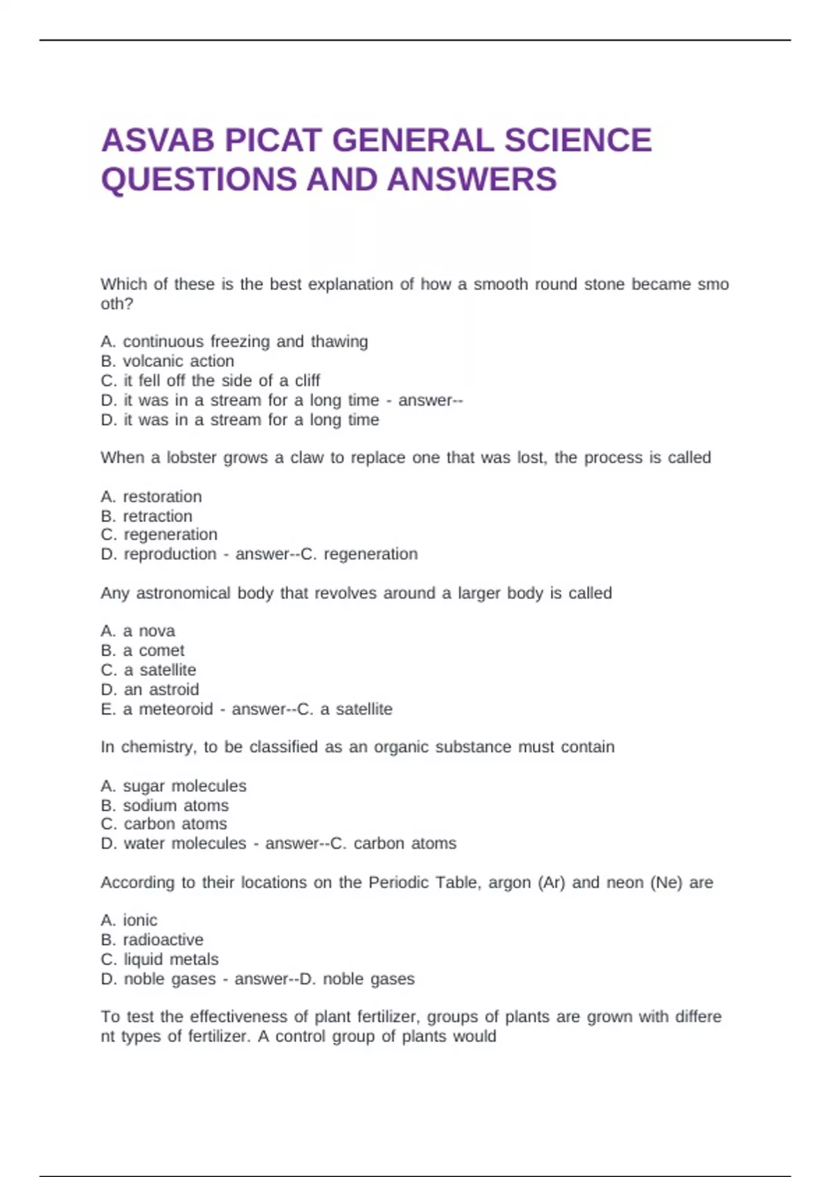 ASVAB PICAT GENERAL SCIENCE QUESTIONS AND ANSWERS - PICAT/ASVAB - Stuvia US