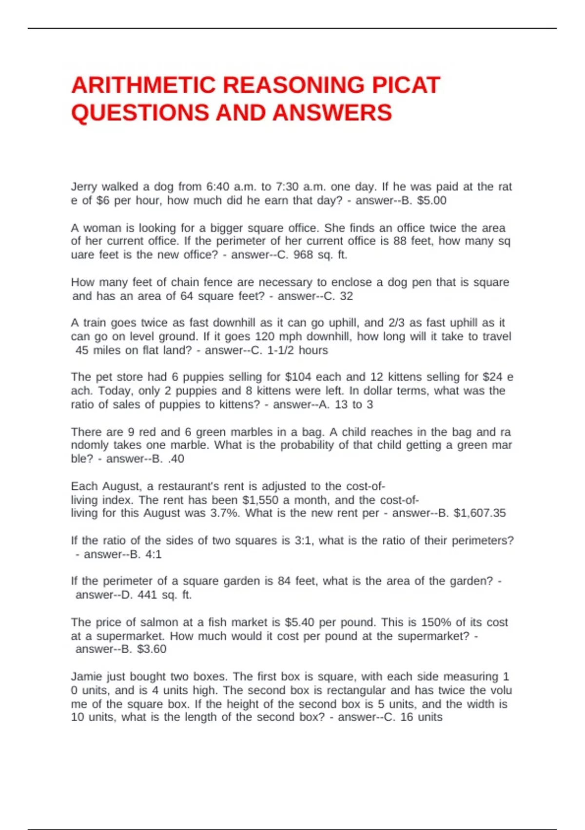ARITHMETIC REASONING PICAT QUESTIONS AND ANSWERS - PICAT/ASVAB - Stuvia US