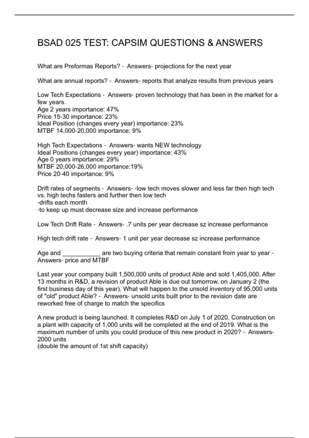 BSAD 025 TEST: CAPSIM QUESTIONS & ANSWERS - BSAD 025 - Stuvia US