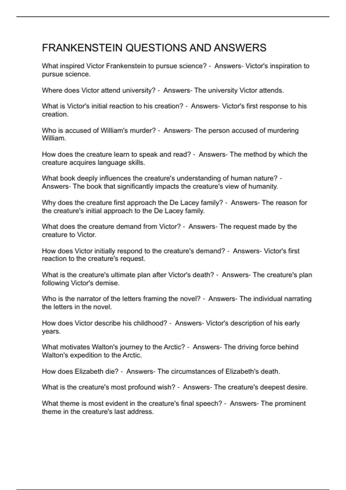 FRANKENSTEIN QUESTIONS AND ANSWERS - FRANKENSTEIN - Stuvia US