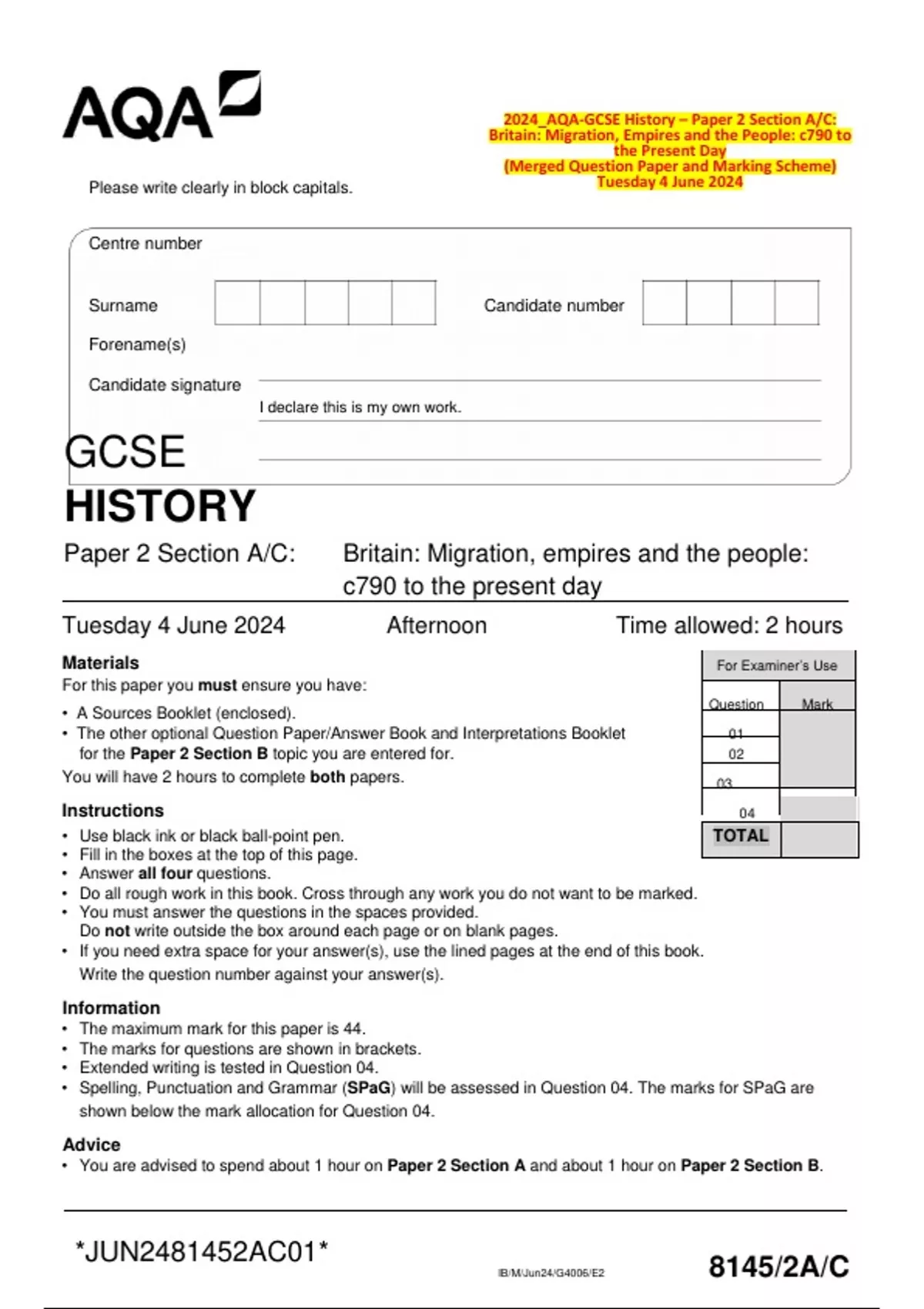 2024_AQA-GCSE History – Paper 2 Section A/C: Britain: Migration ...