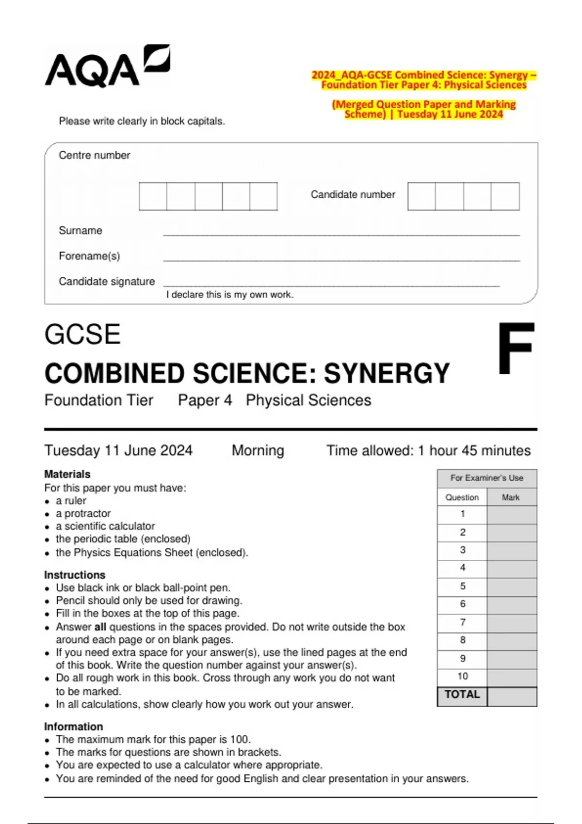 2024_AQA-GCSE Combined Science: Synergy – Foundation Tier Paper 4 ...