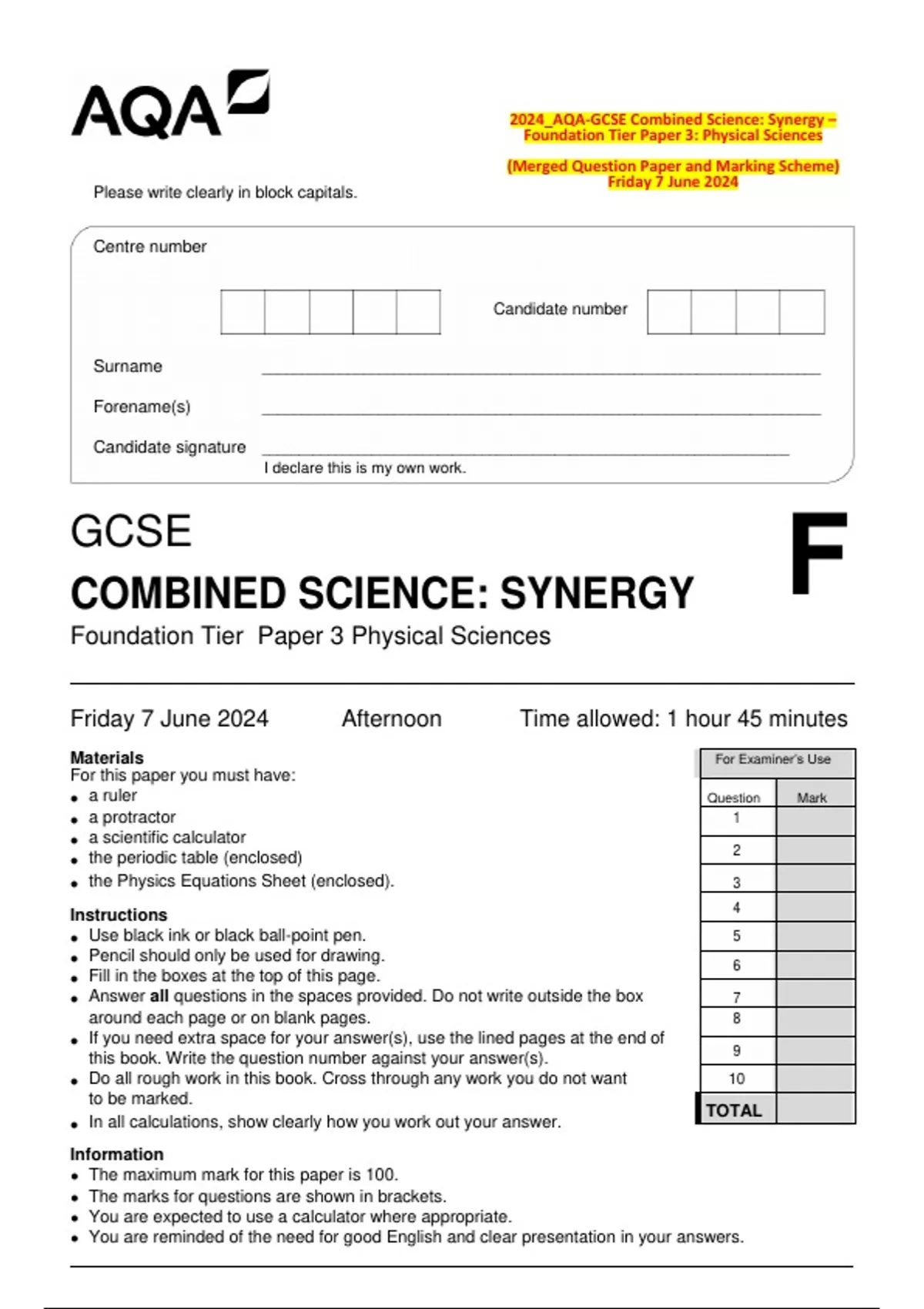 2024_AQA-GCSE Combined Science: Synergy – Foundation Tier Paper 3 ...