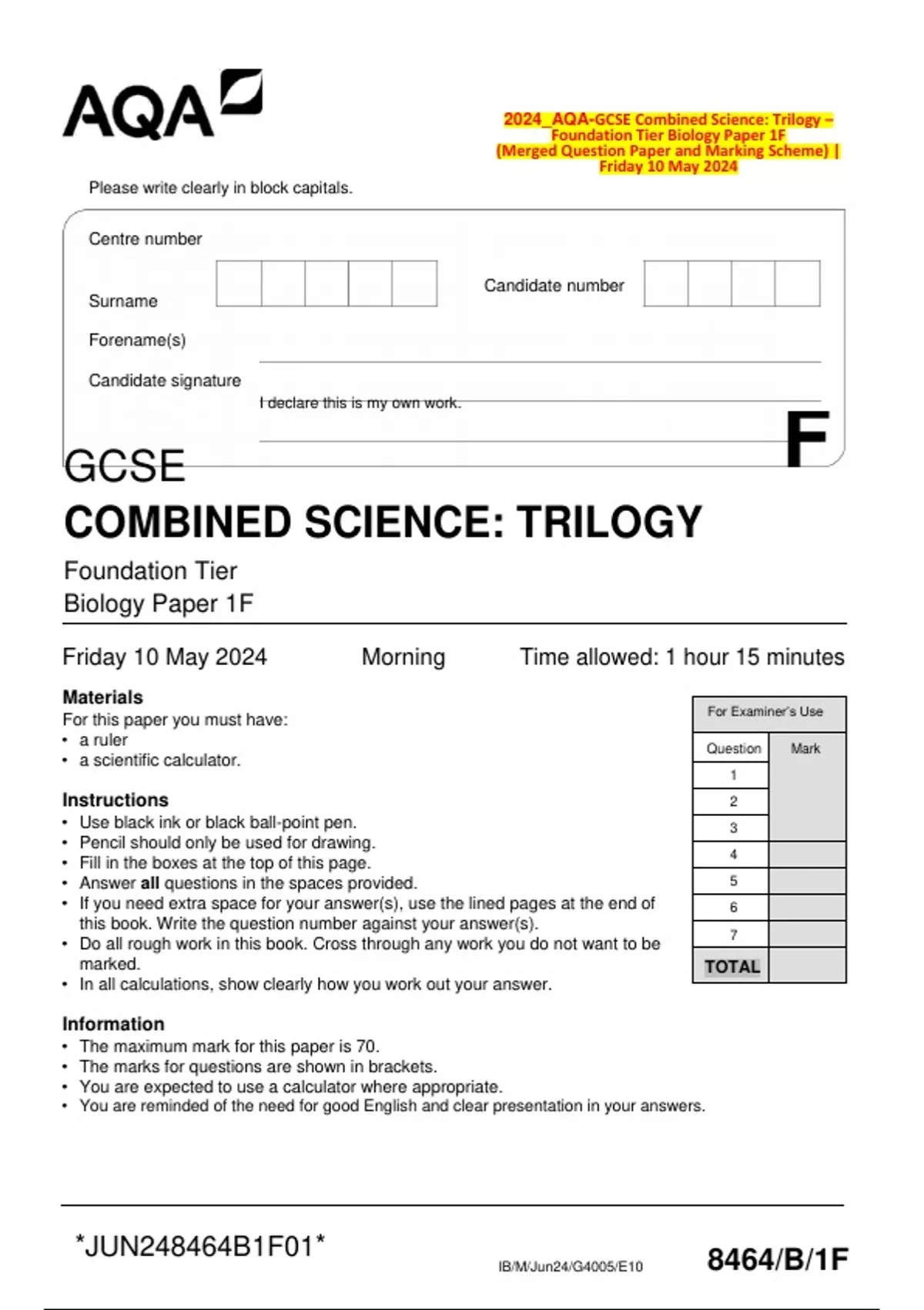 2024_AQA-GCSE Combined Science: Trilogy – Foundation Tier Biology Paper ...