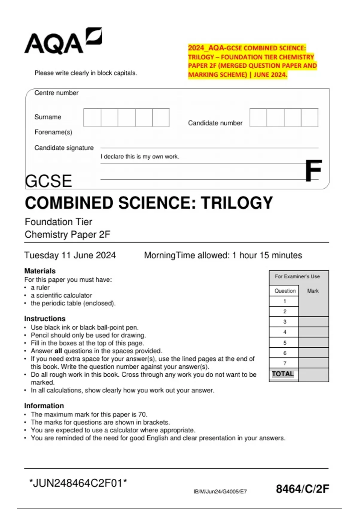 2024_AQA-GCSE COMBINED SCIENCE: TRILOGY – FOUNDATION TIER CHEMISTRY ...