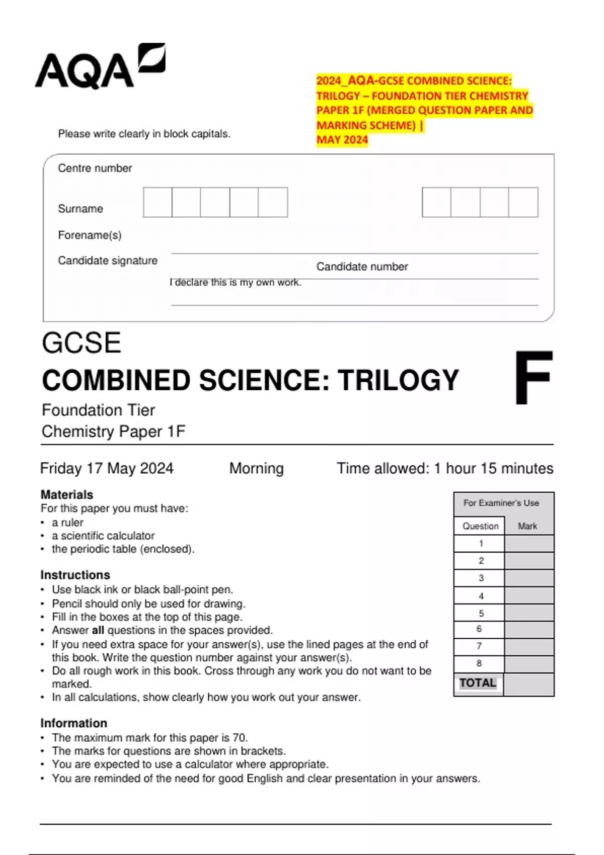 2024_AQA-GCSE COMBINED SCIENCE: TRILOGY – FOUNDATION TIER CHEMISTRY ...