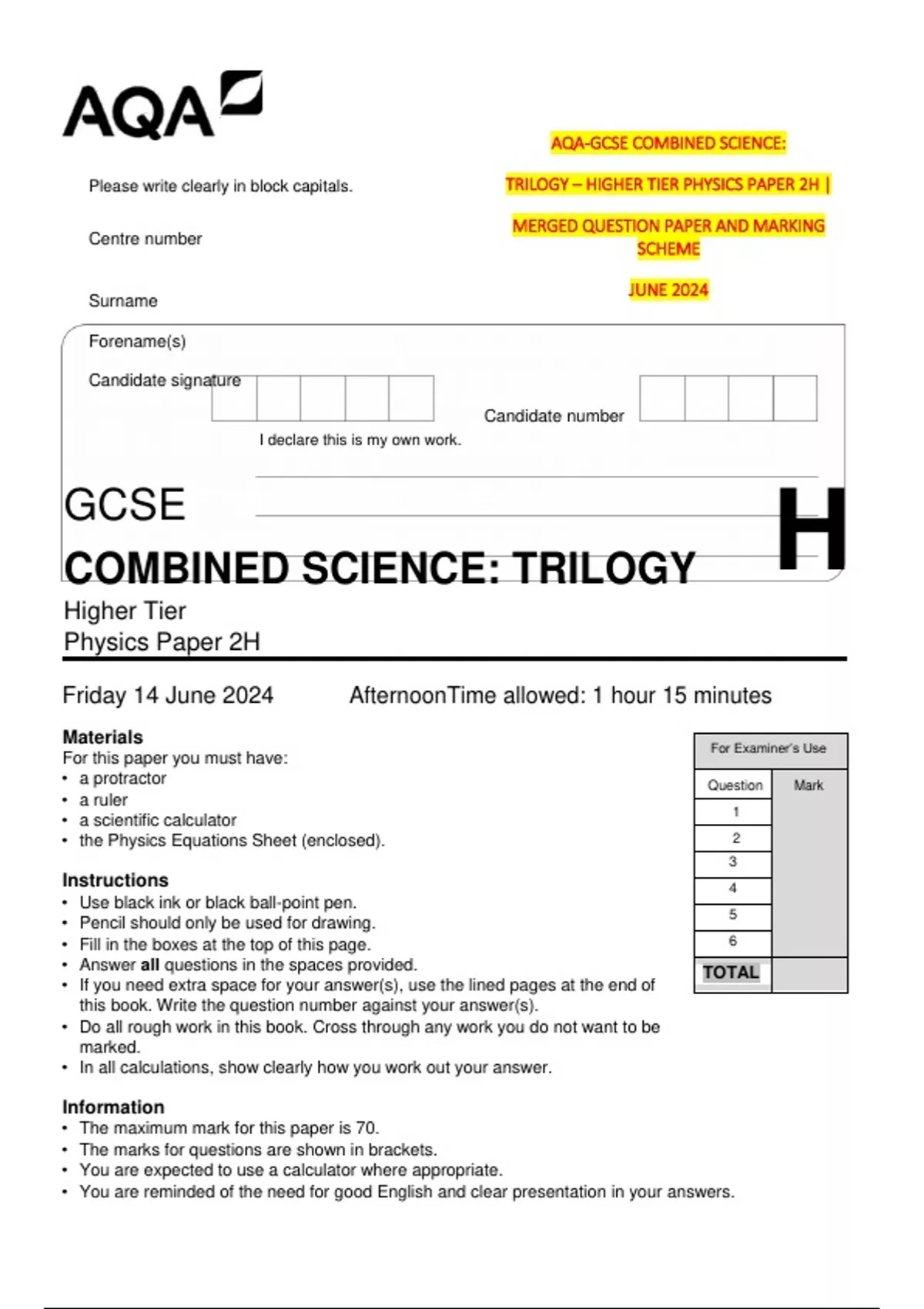 AQA-GCSE COMBINED SCIENCE: TRILOGY – HIGHER TIER PHYSICS PAPER 2H ...