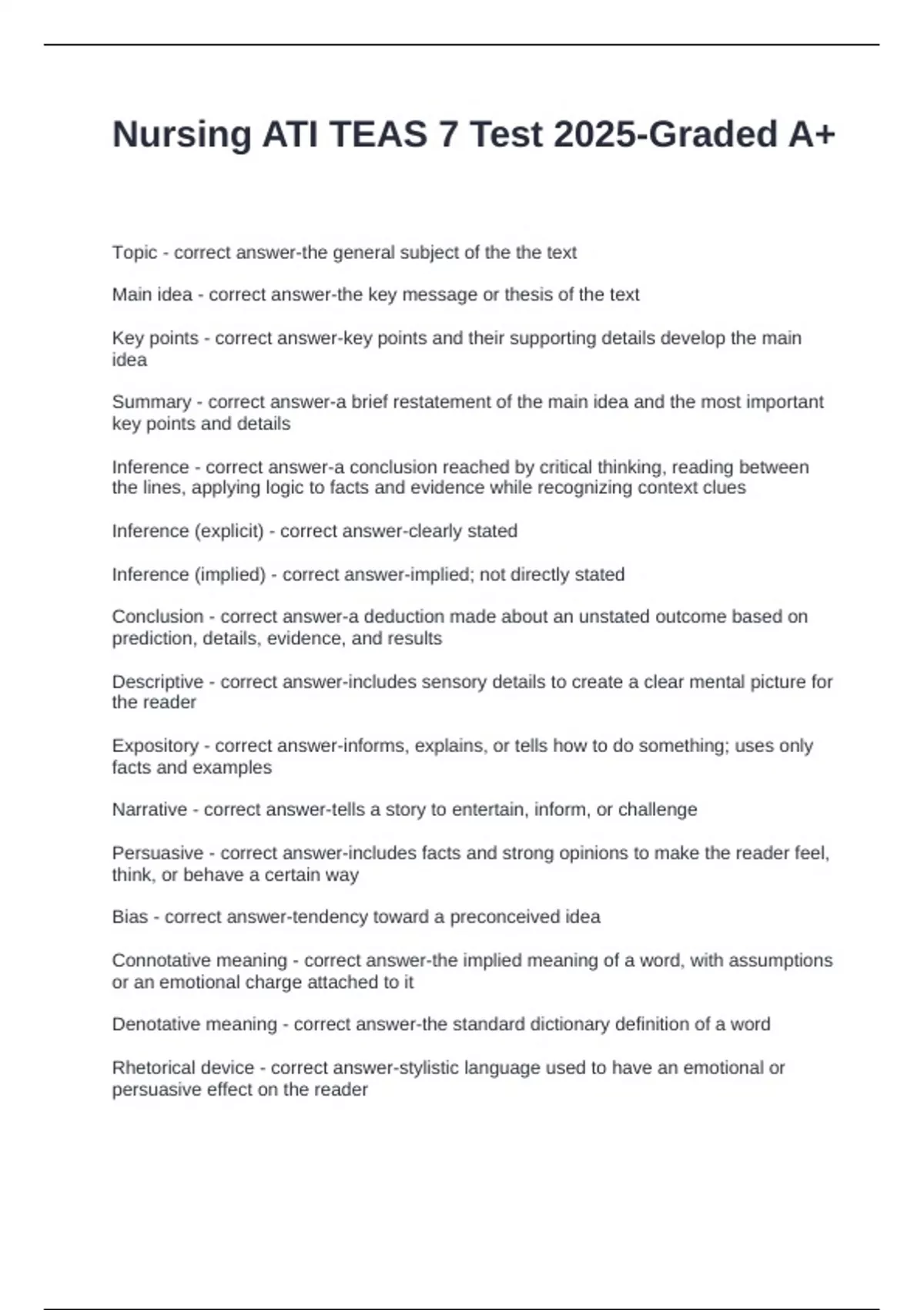 Nursing ATI TEAS 7 Test 2025-Graded A+ - ATI Teas - Stuvia US