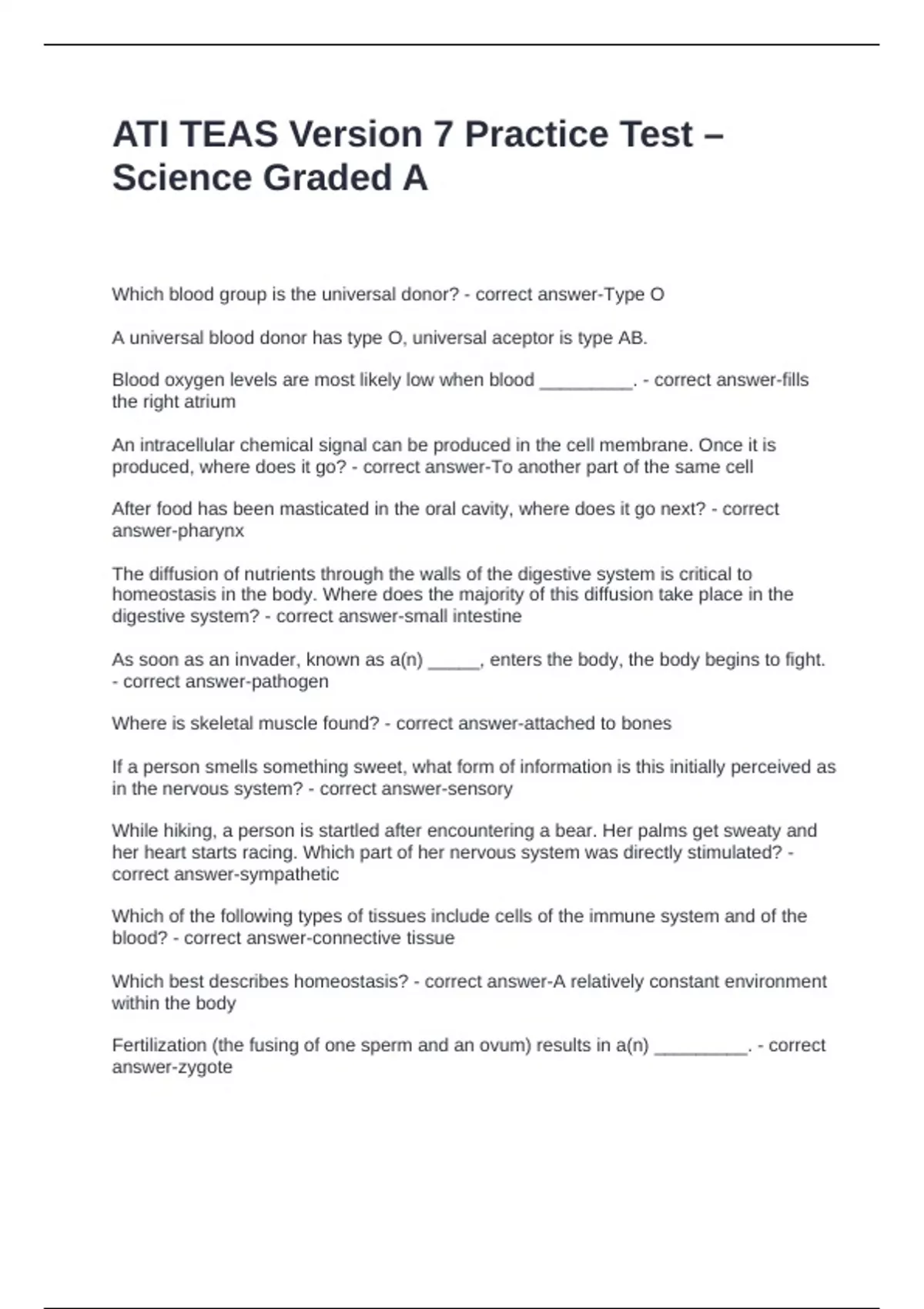 ATI TEAS Version 7 Practice Test – Science Graded A - ATI Teas - Stuvia US