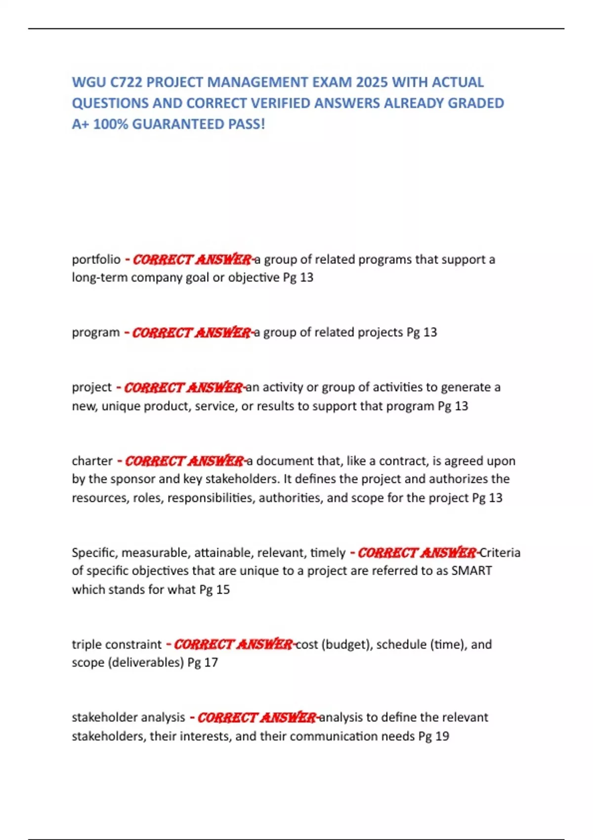 WGU C722 PROJECT MANAGEMENT EXAM 2025 WITH ACTUAL QUESTIONS AND CORRECT VERIFIED ANSWERS ALREADY ...