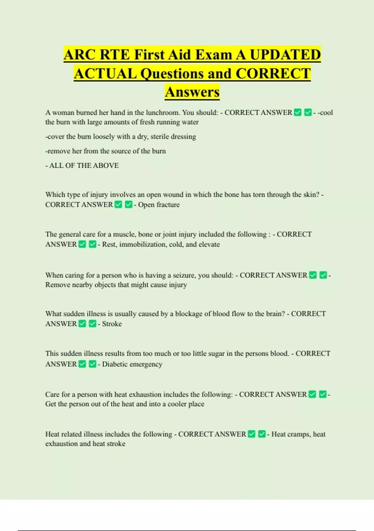 ARC RTE First Aid Exam A UPDATED ACTUAL Questions and CORRECT Answers ...