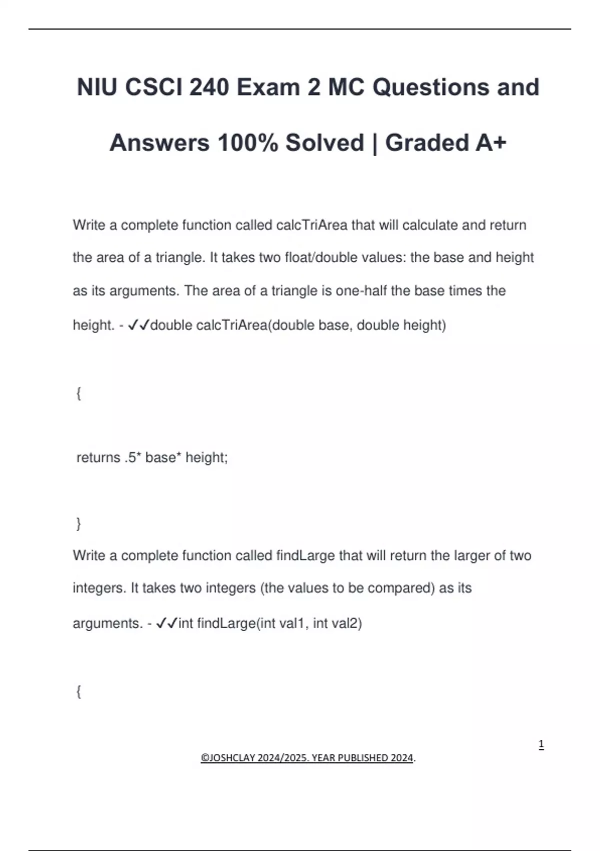 NIU CSCI 240 Exam 2 MC Questions and Answers 100% Solved | Graded A+ - NIU CSCI 240 - Stuvia US