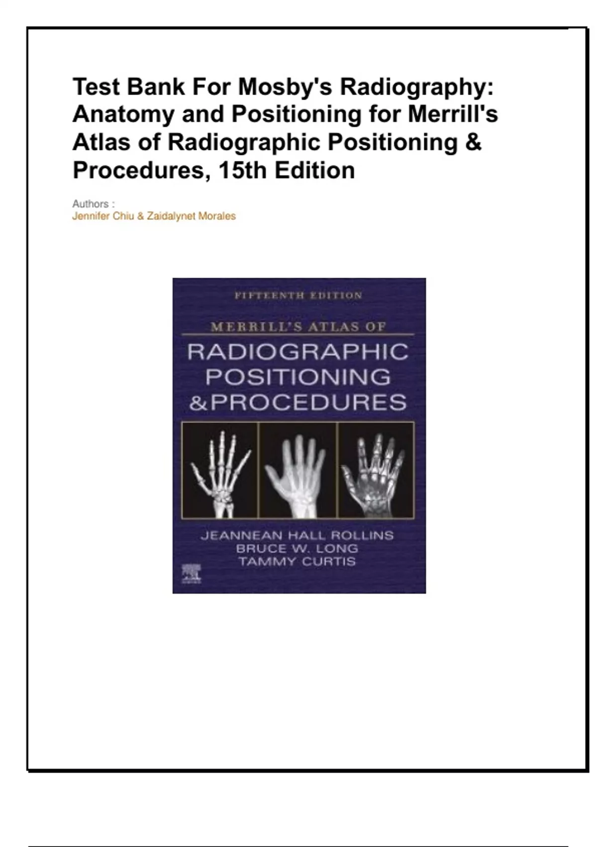 Test Bank For Mosby-s Radiography Anatomy and Positioning for Merrill-s ...