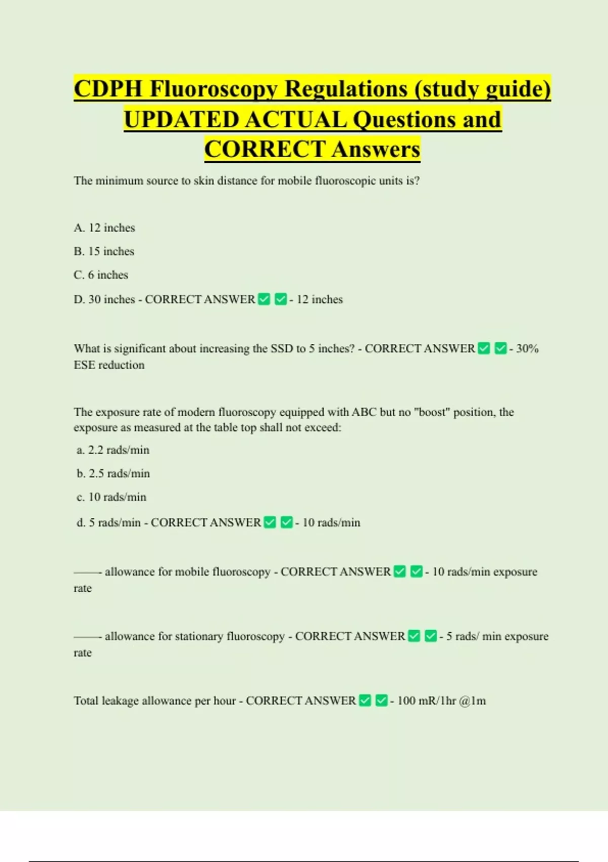 CDPH Fluoroscopy Regulations (study guide) UPDATED ACTUAL Questions and ...