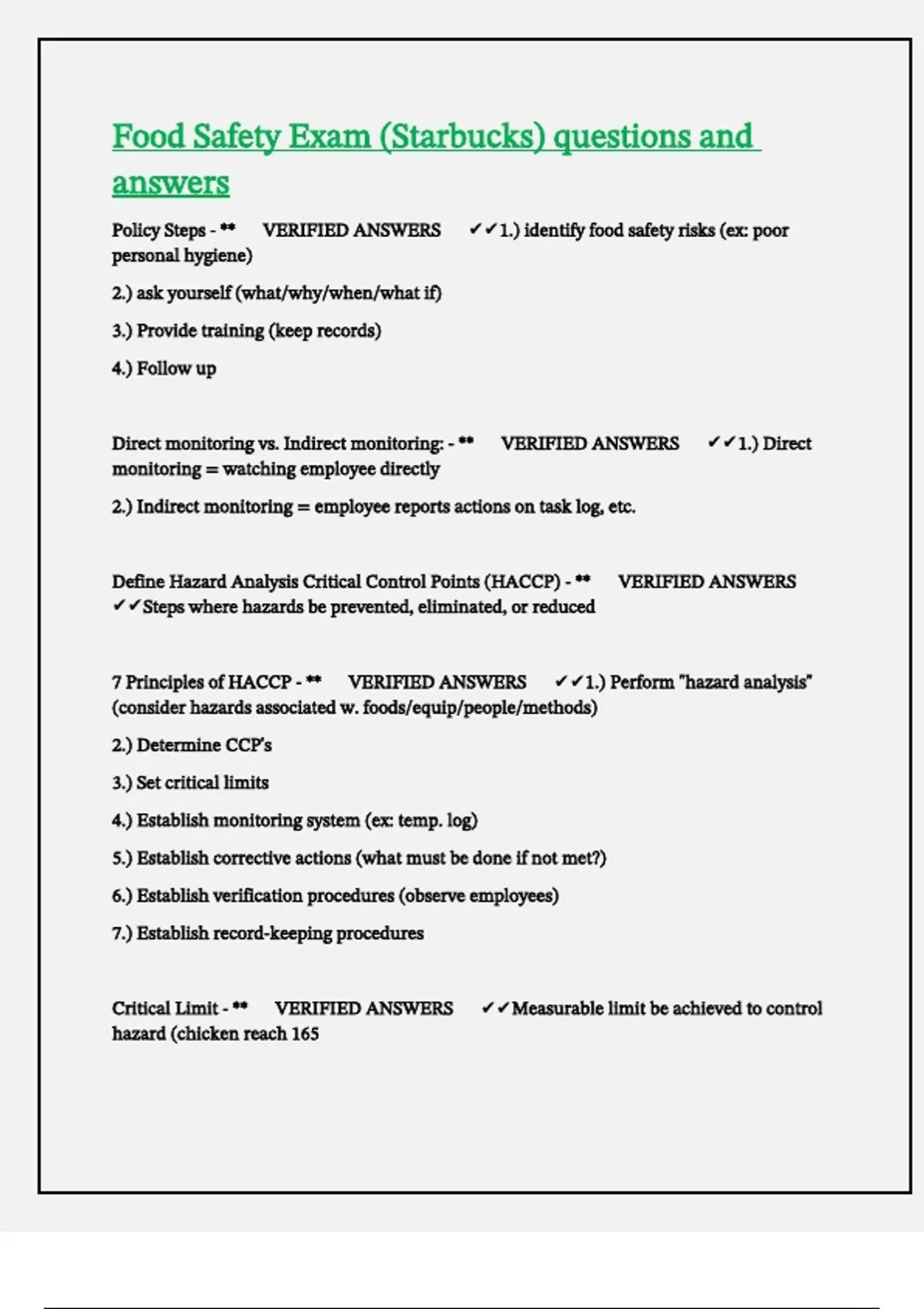 Food Safety Exam (Starbucks) questions and answers - Starbucks food ...