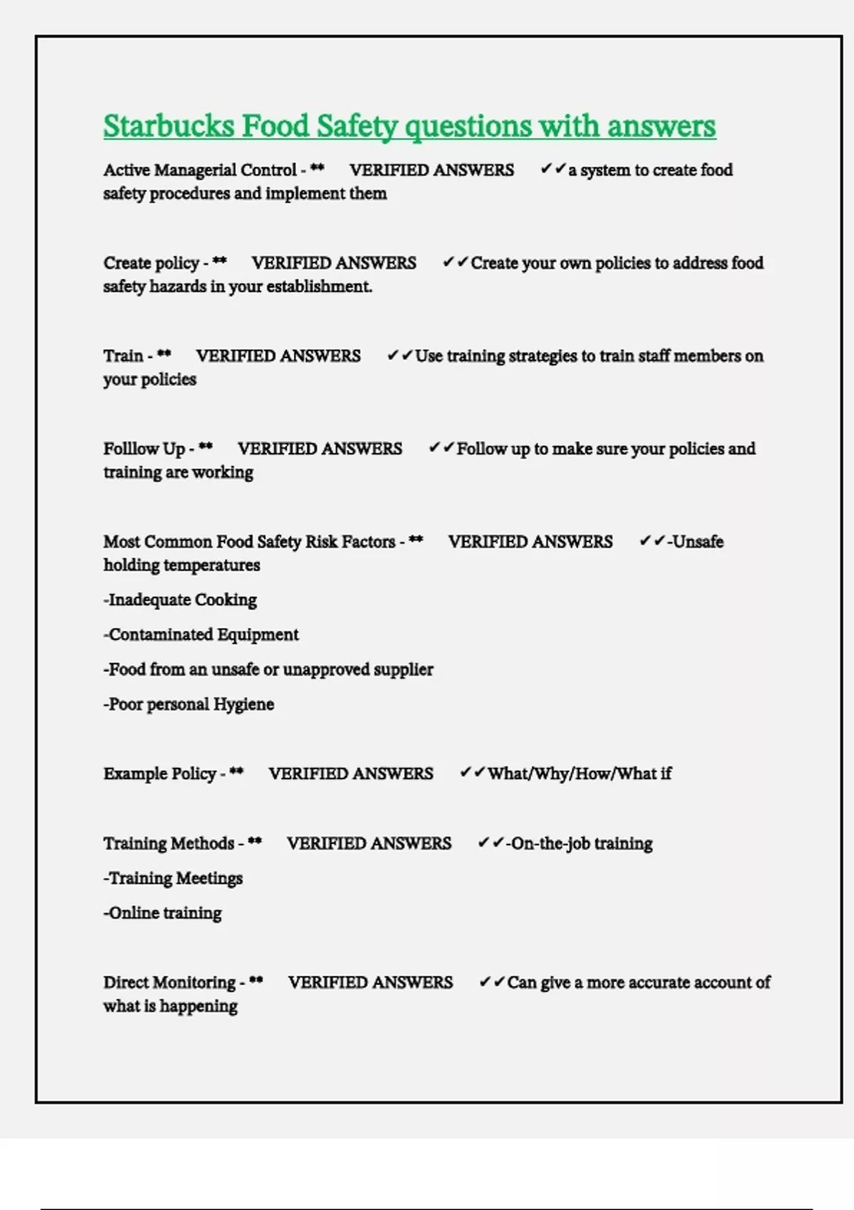 Starbucks Food Safety questions with answers - Starbucks food safety ...