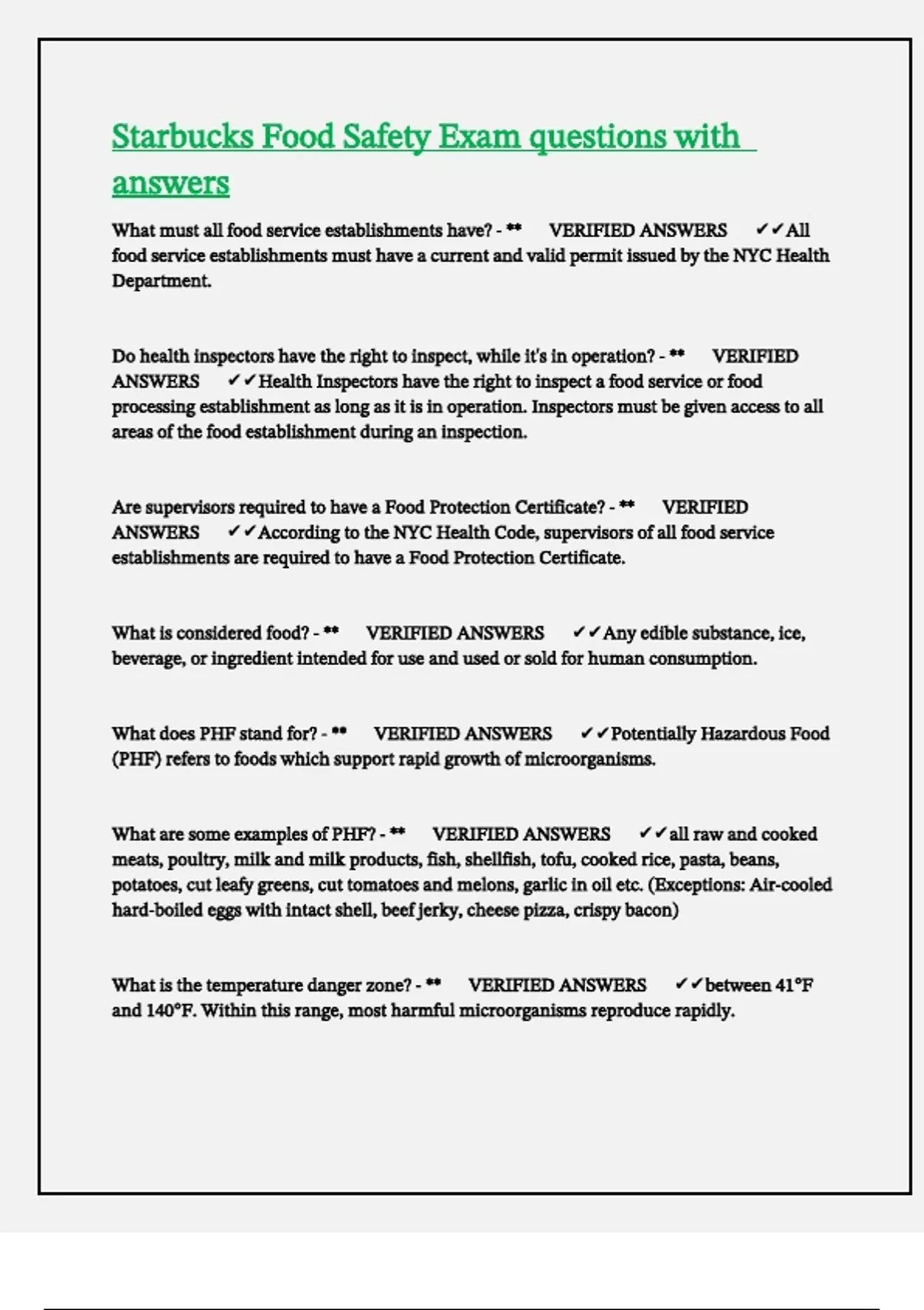 Starbucks Food Safety Exam questions with answers - Starbucks food ...