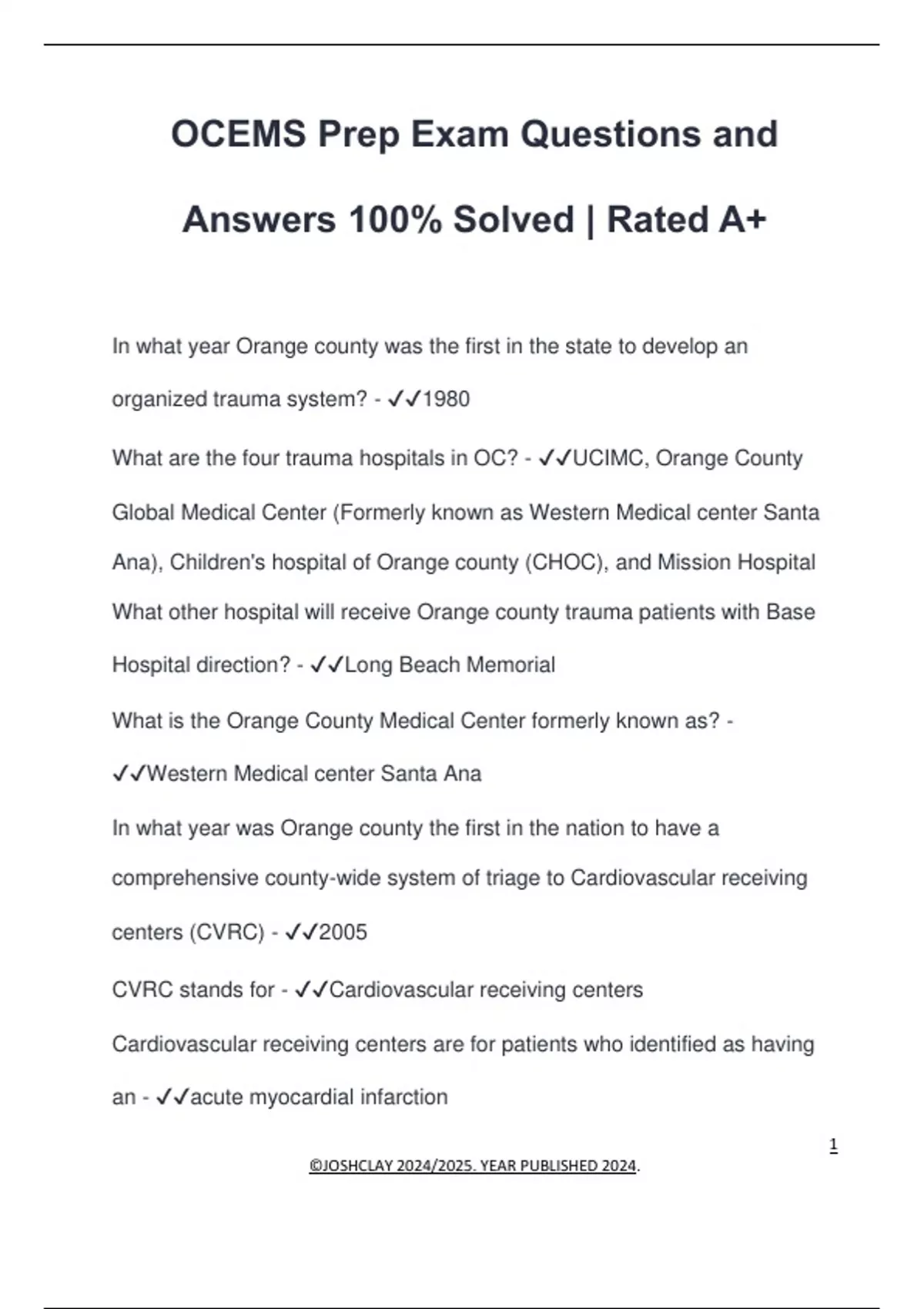 OCEMS Prep Exam Questions and Answers 100% Solved | Rated A+ - OCEMS ...