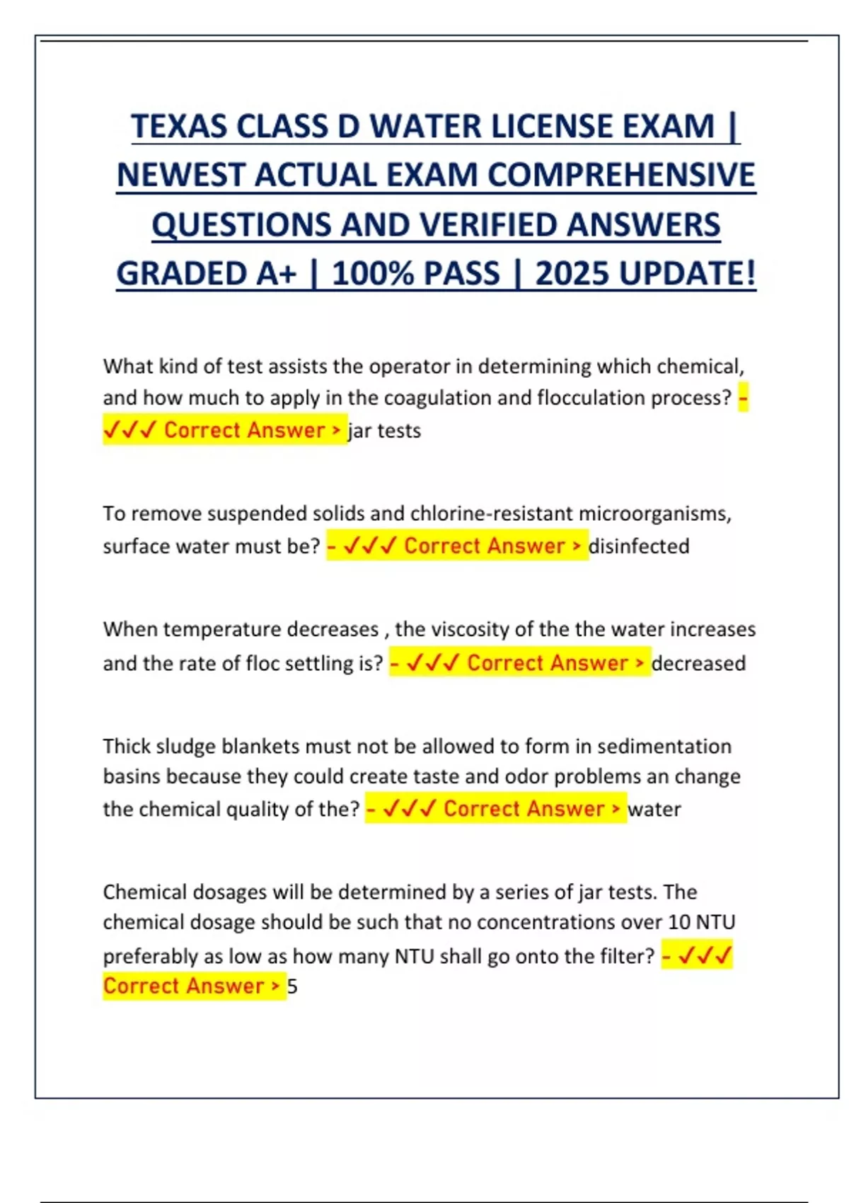 TEXAS CLASS D WATER LICENSE EXAM | NEWEST ACTUAL EXAM COMPREHENSIVE ...
