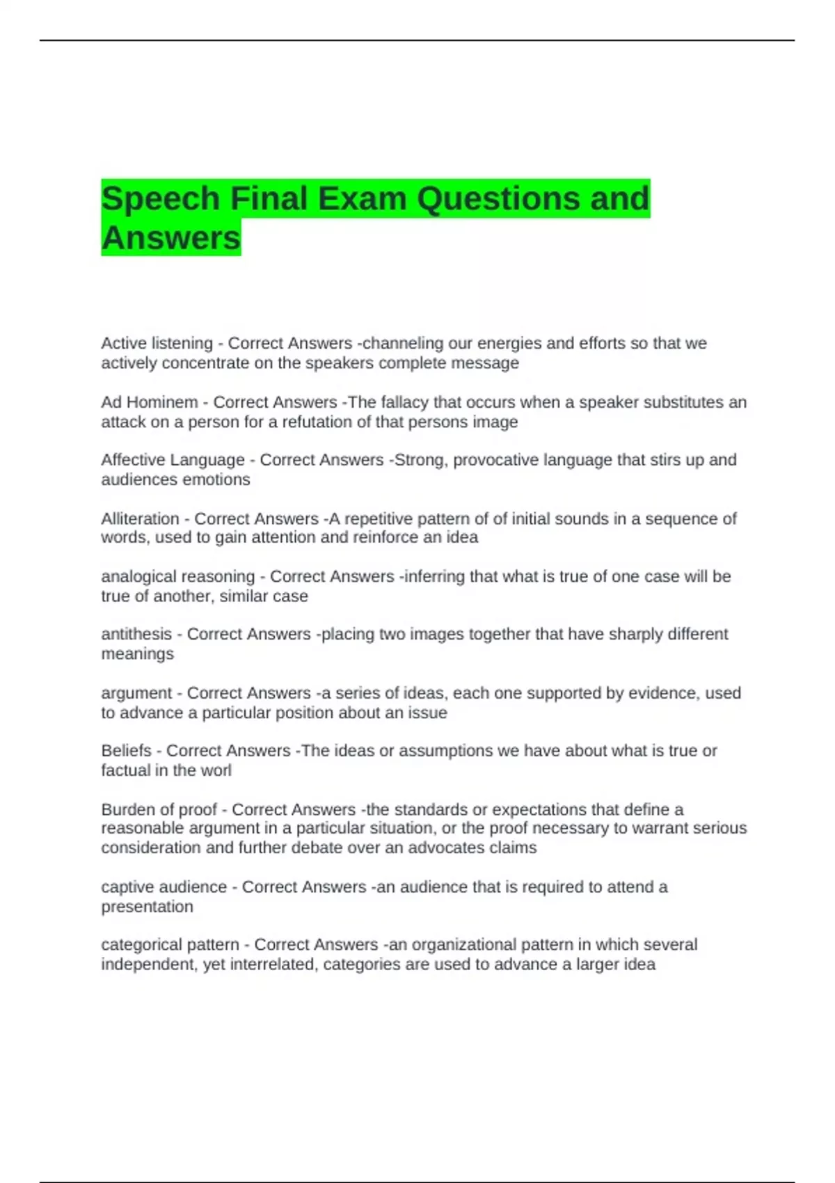 Speech Final Exam Questions and Answers - Speech - Stuvia US