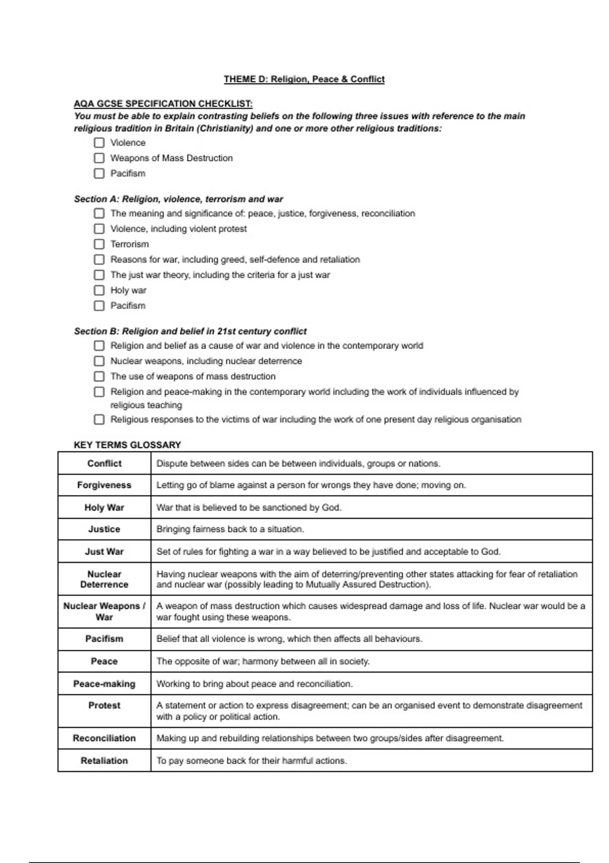 Grade 9 AQA GCSE RS: Theme D Religion, Peace & Conflict Full Revision ...