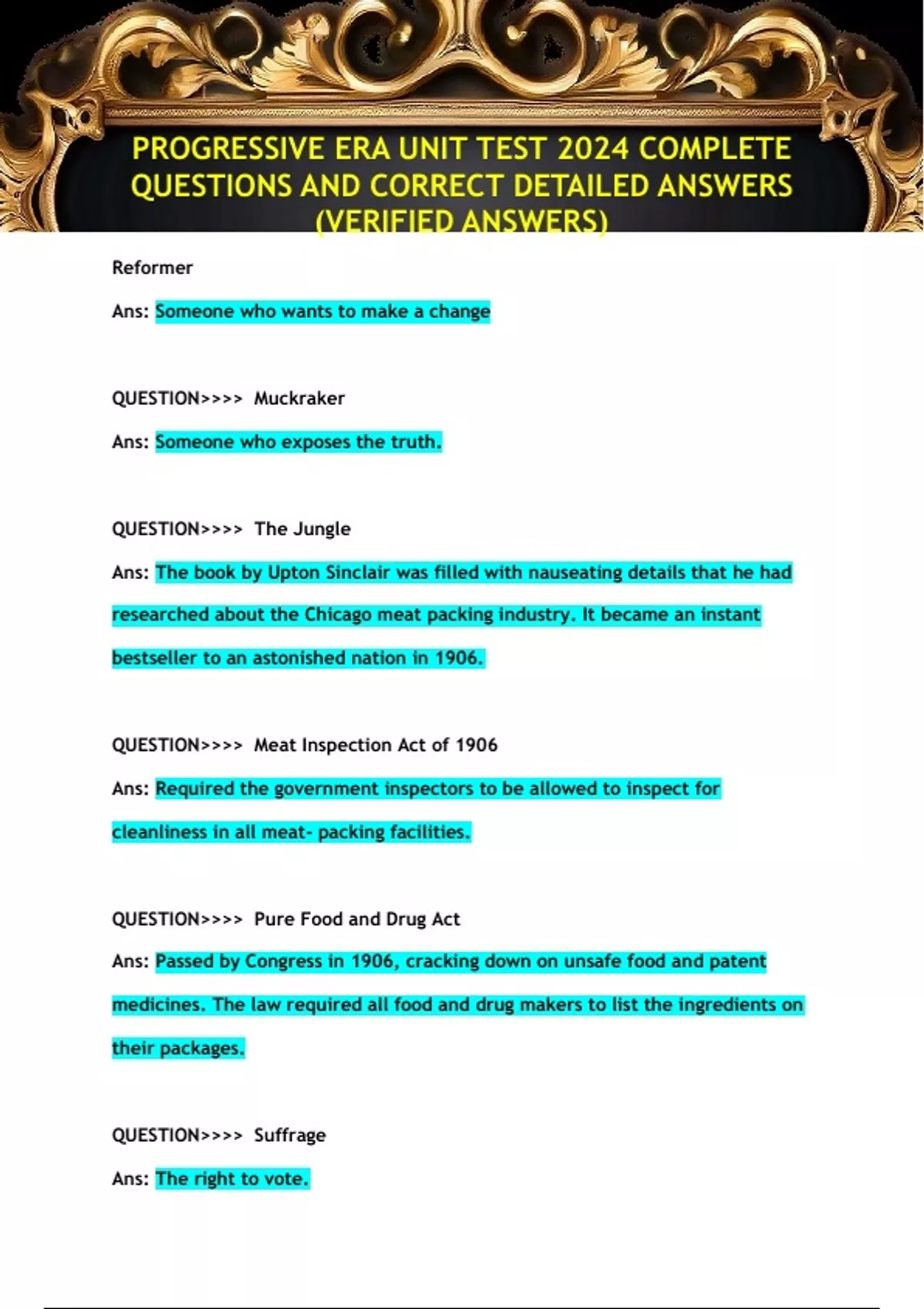 PROGRESSIVE ERA UNIT TEST 2024 COMPLETE QUESTIONS AND CORRECT DETAILED ...