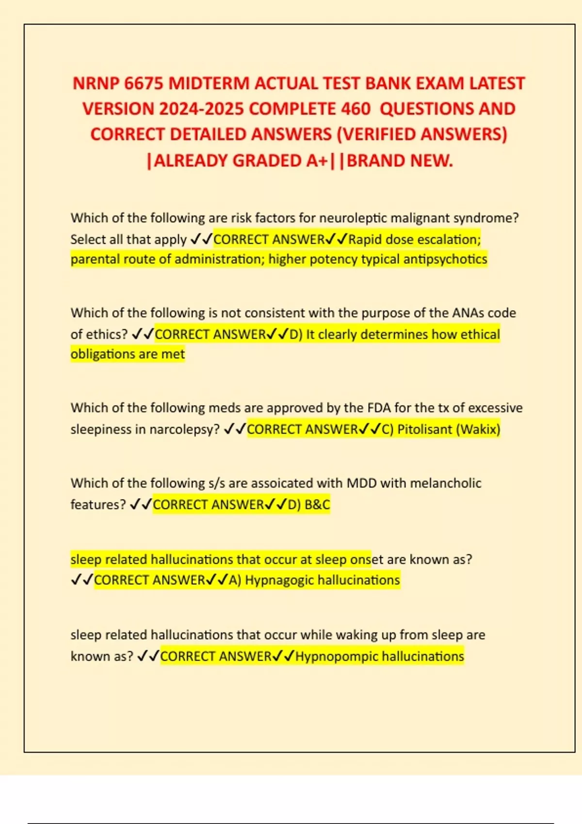 NRNP 6675 MIDTERM ACTUAL TEST BANK EXAM LATEST VERSION COMPLETE 460 ...