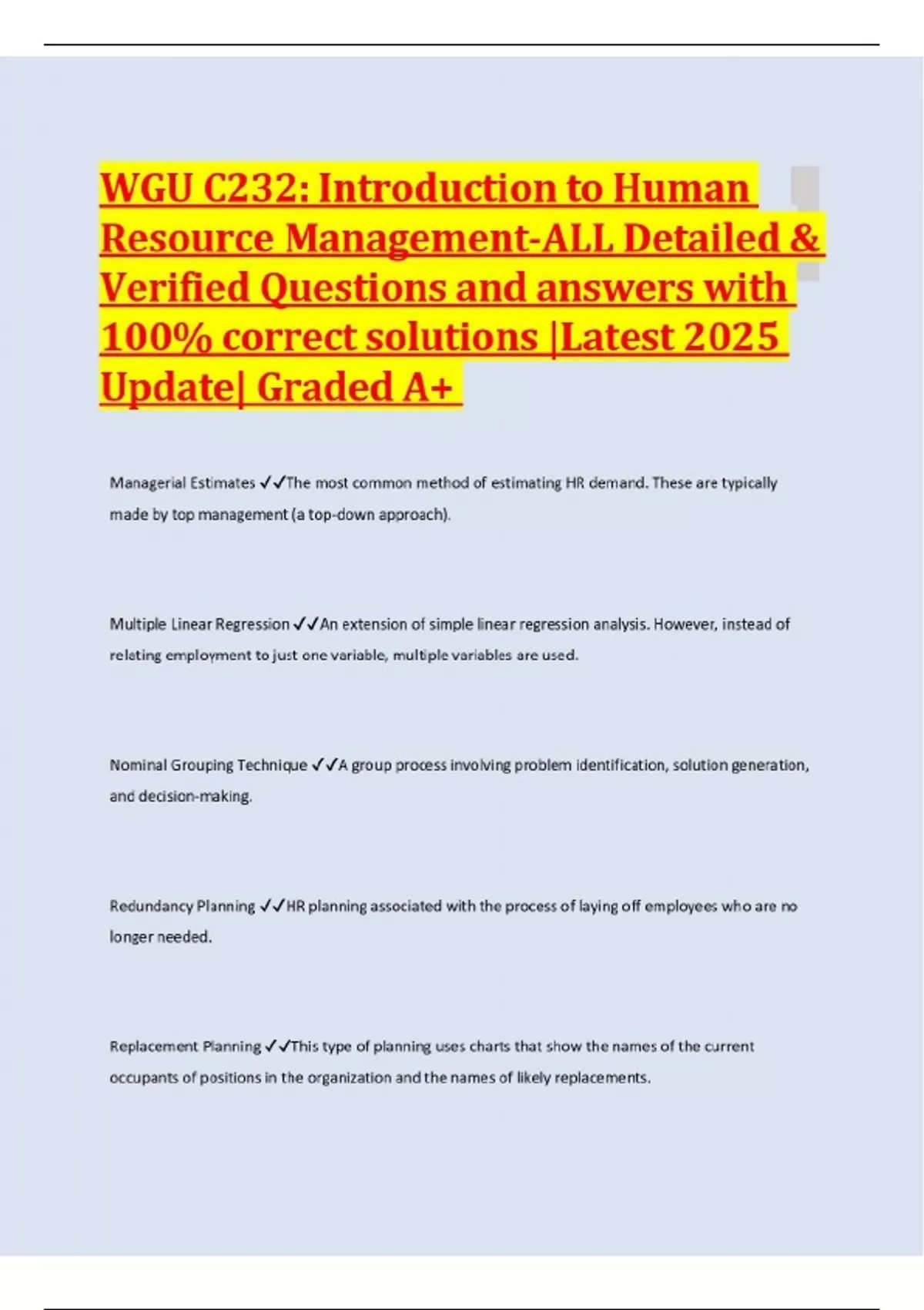 WGU C232: Introduction to Human Resource Management-ALL Detailed & Verified Questions and ...