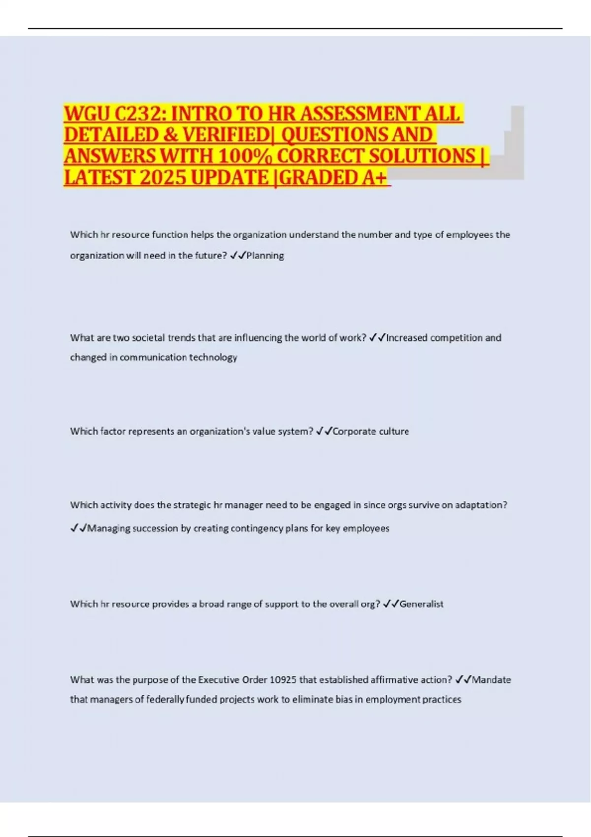 WGU C232: INTRO TO HR ASSESSMENT ALL DETAILED & VERIFIED| QUESTIONS AND ANSWERS WITH 100% ...