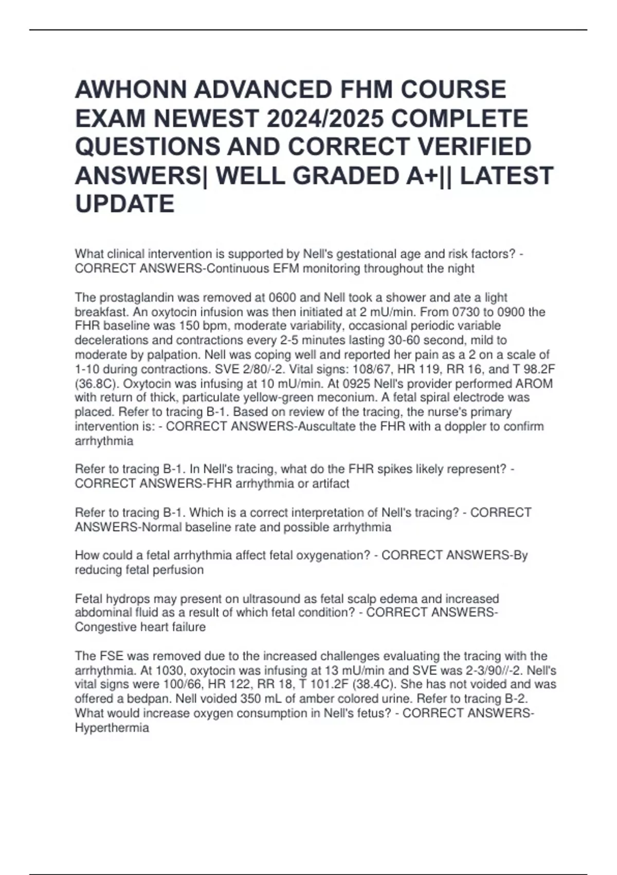 AWHONN ADVANCED FHM COURSE EXAM NEWEST 2024/2025 COMPLETE QUESTIONS AND ...